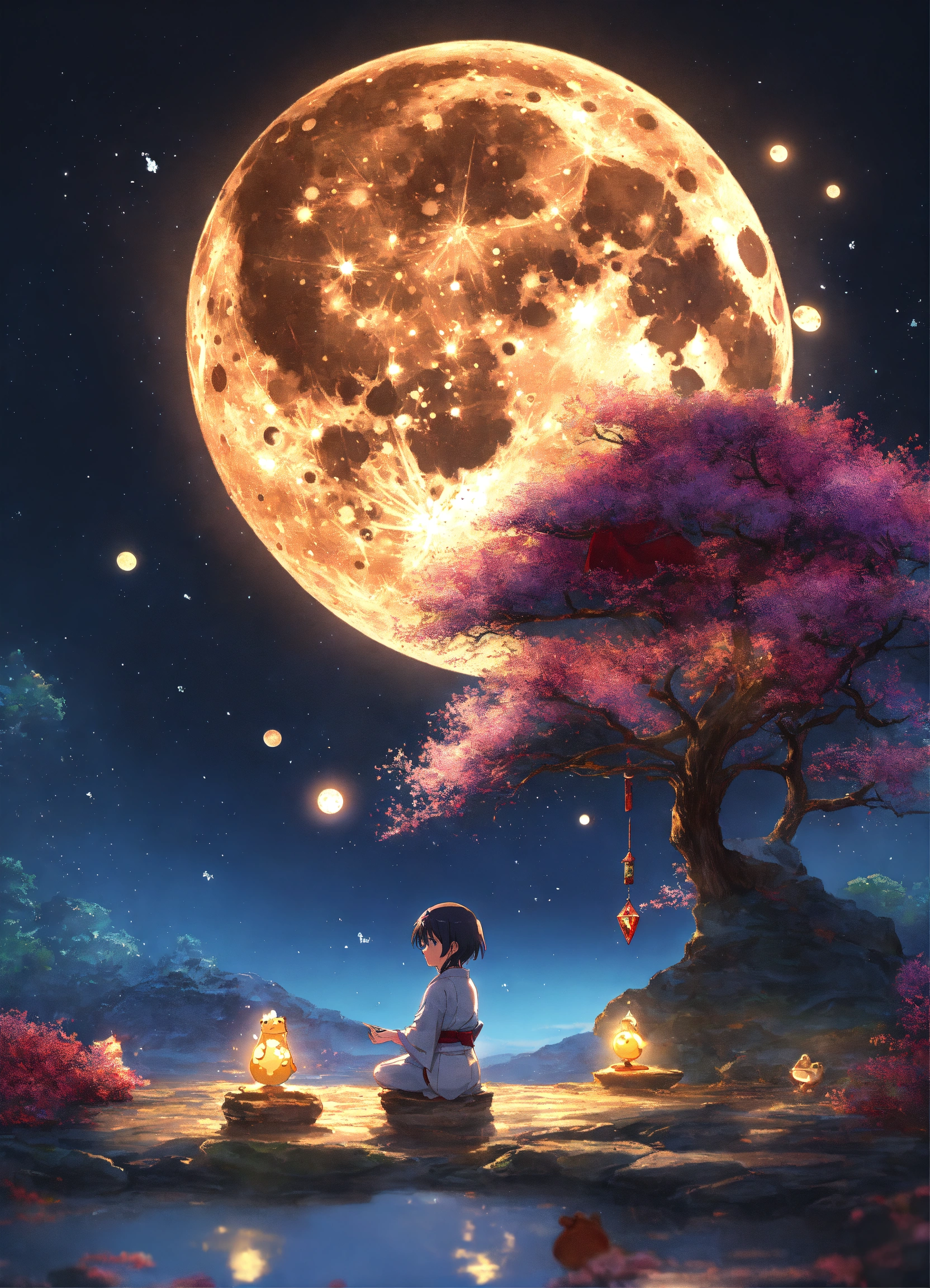 Lexica - A photograph anime moon floating with a face in meditation ...