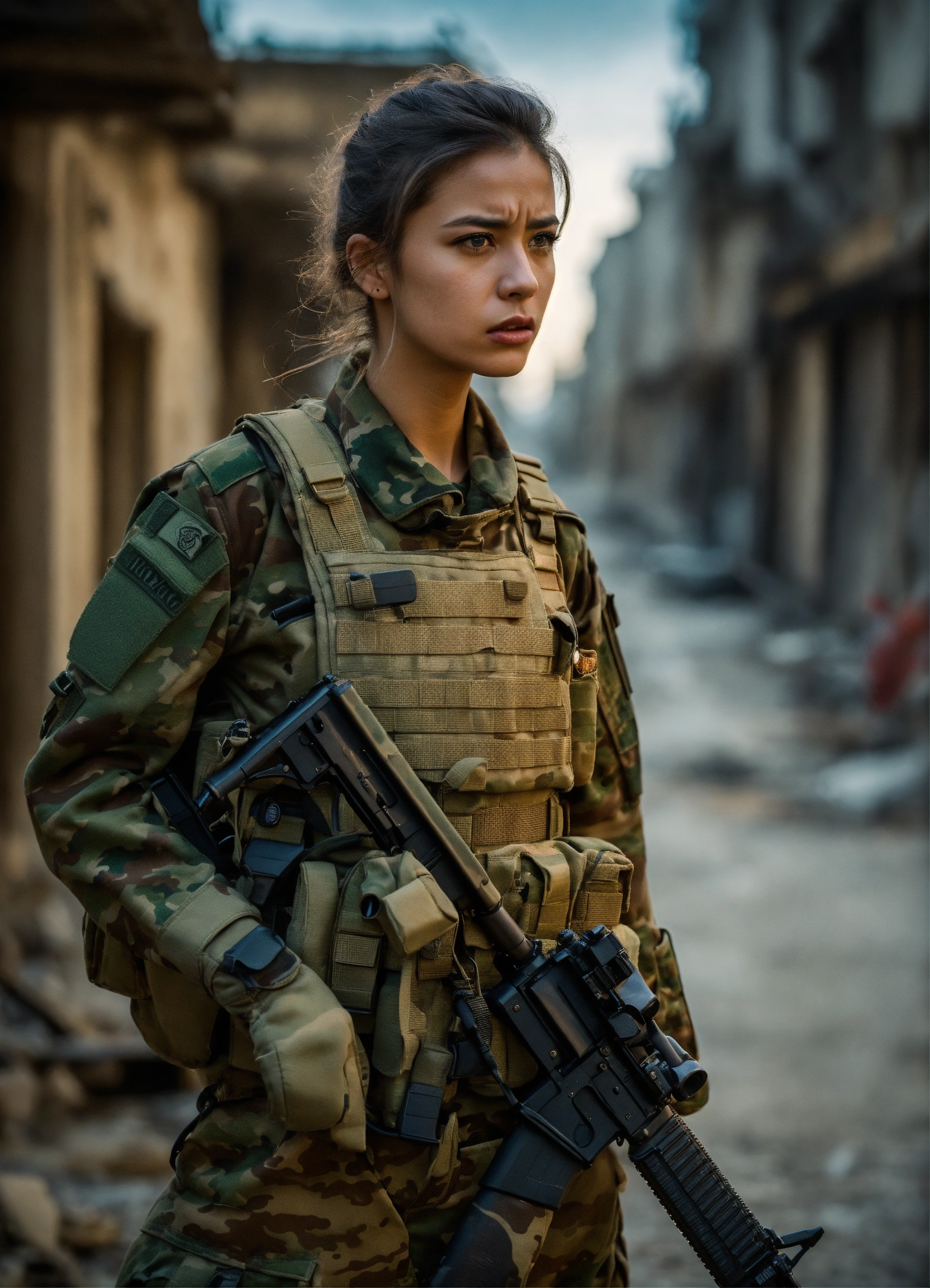 Lexica - A beautiful soldier girl wearing camouflage military equipment ...