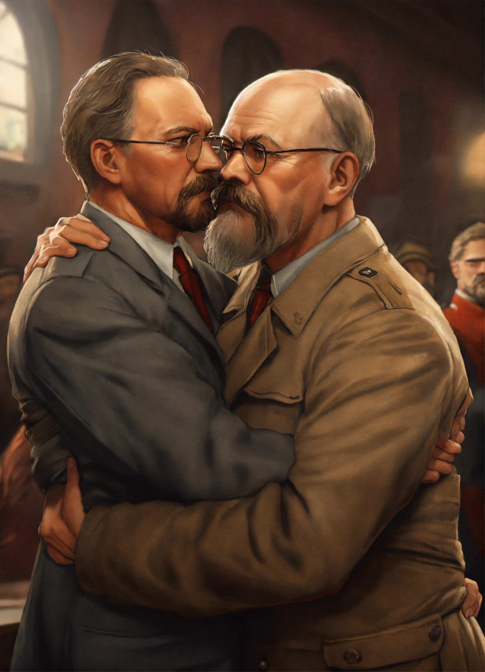 Lexica - Illustration Vladimir Lenin hugging Leon Trotsky. super realistic 8k image