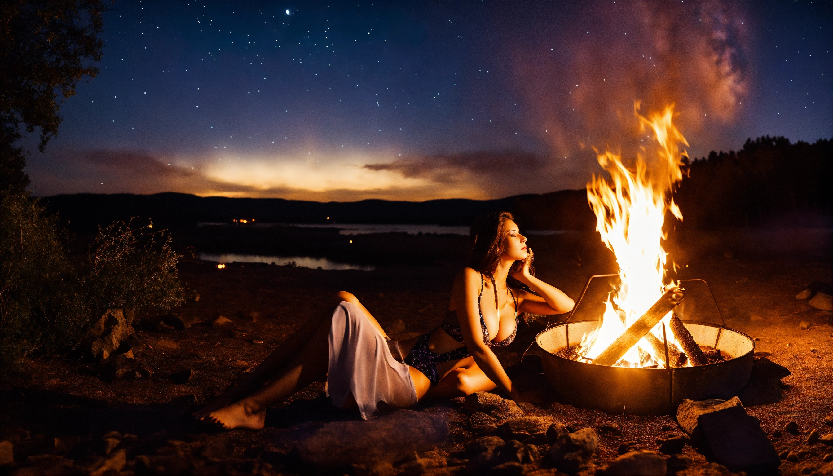 Lexica - Beautiful woman in monokini, 38D cup, around a campfire, night ...