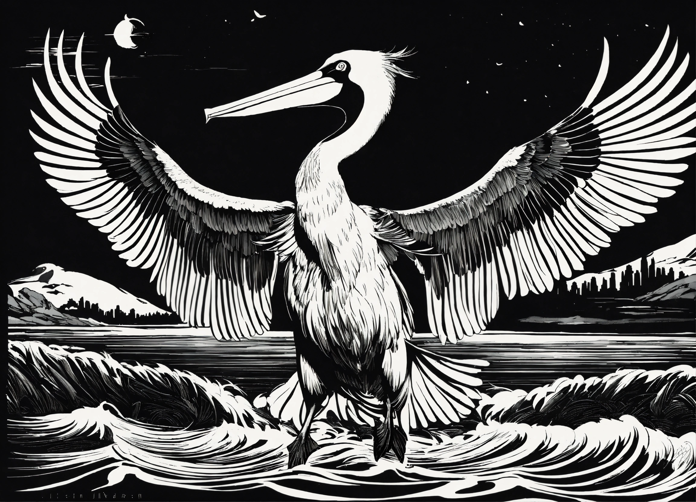 Lexica - Black and white, pelican flash tattoo, white background ...