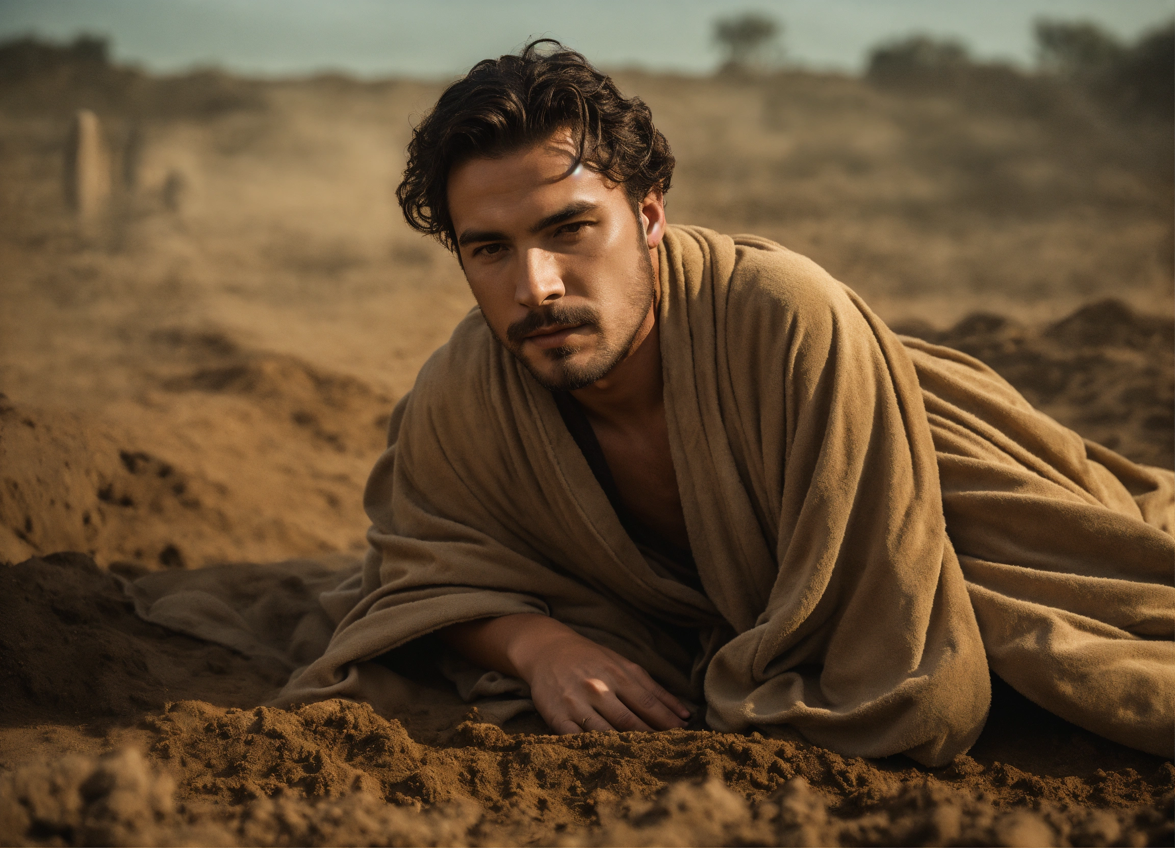 Lexica - A man,in dirty robes, laying on his side in the dirt, sharp ...