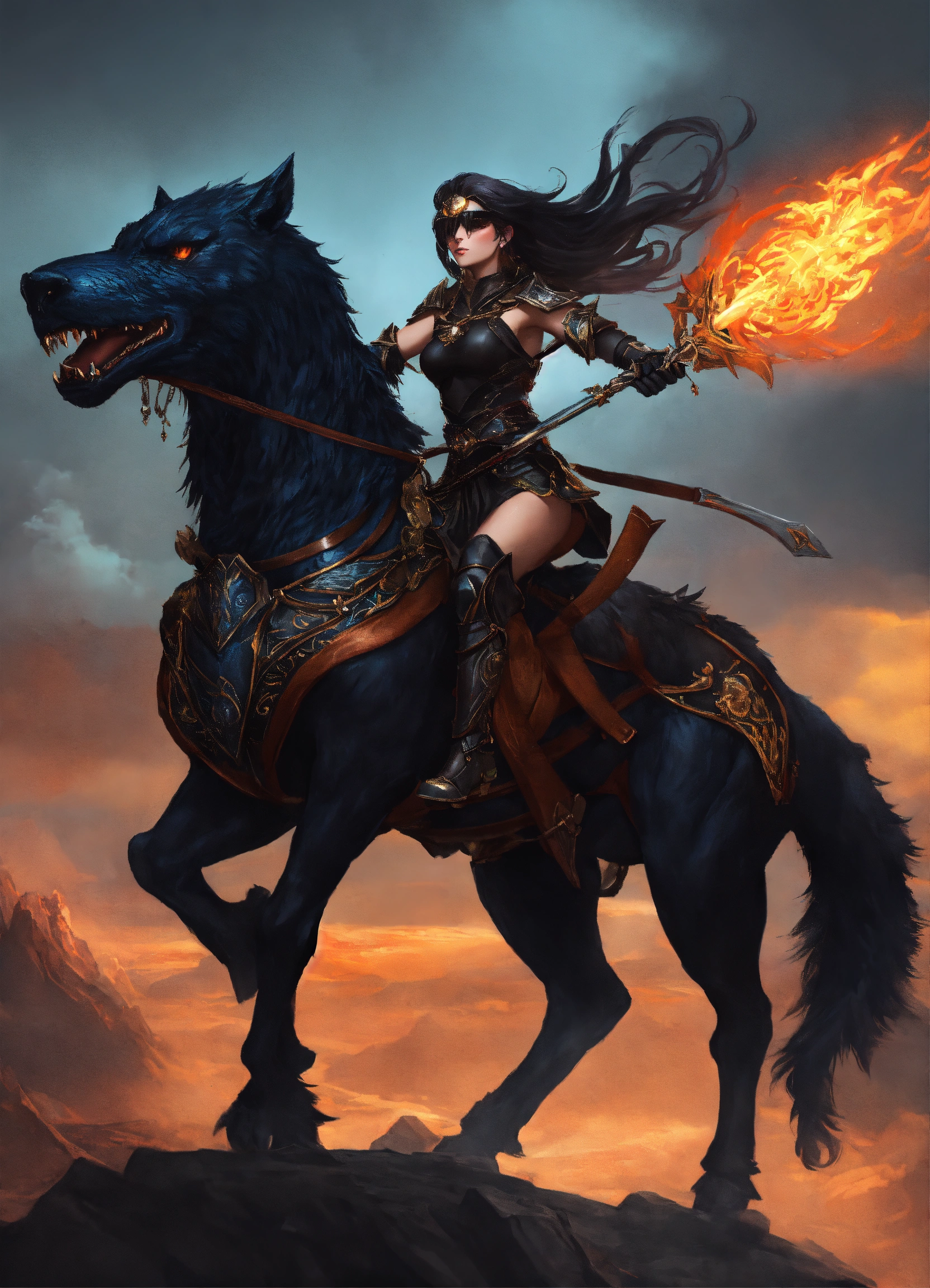 Lexica - Warrior woman dressed in black riding a monster mount