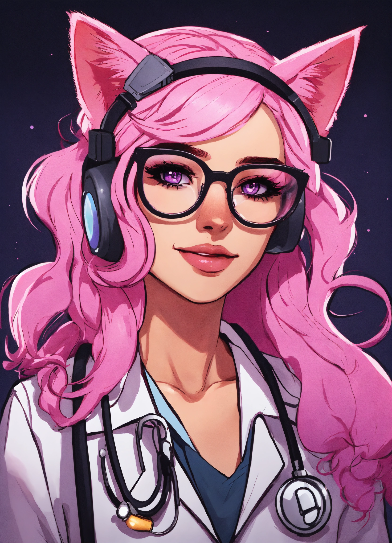 Lexica - Female doctor, with long pink hair, with cat ears color black ...
