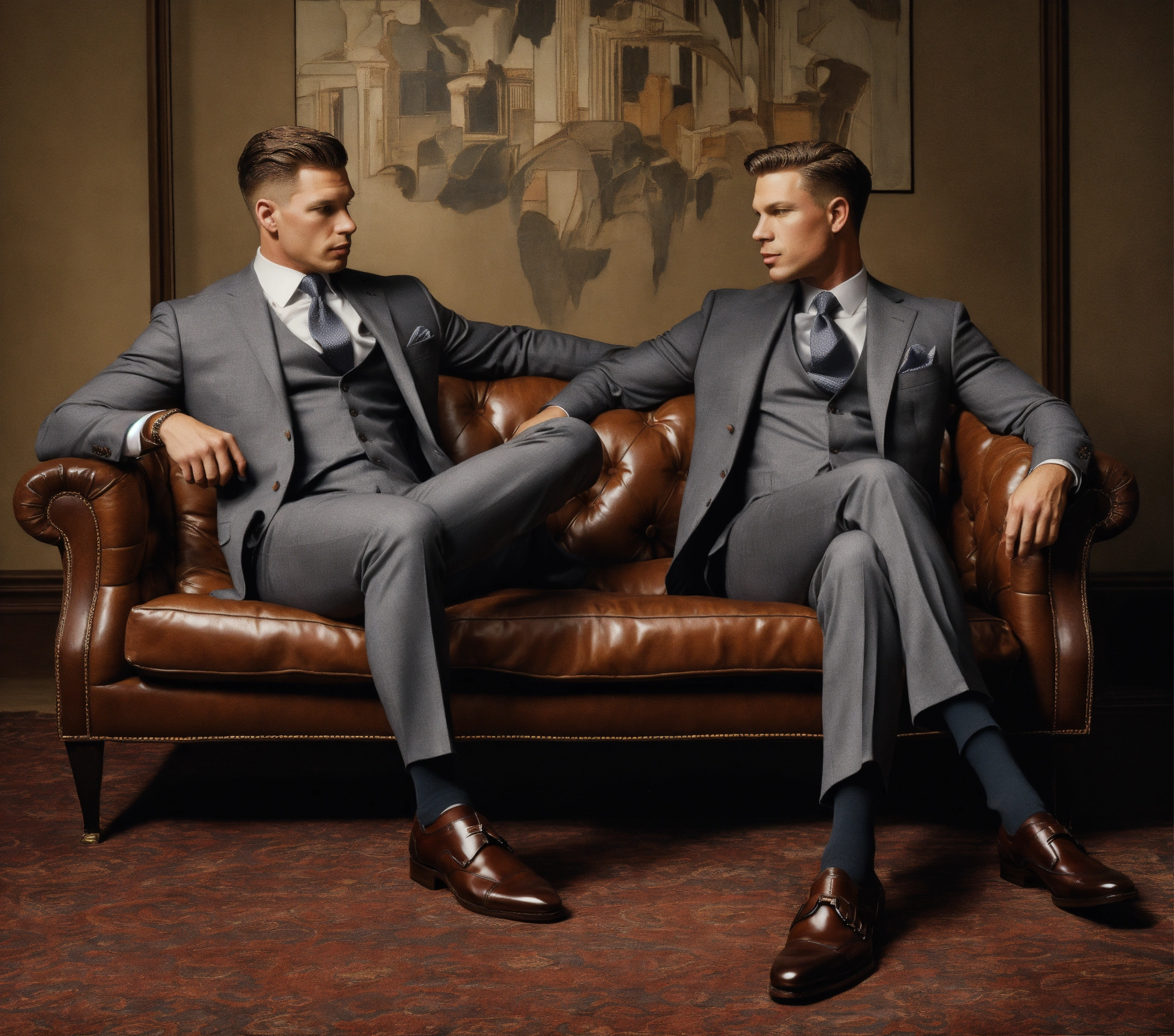 Lexica - Two muscular male Ceo in grey vested suit, club tie, crossing ...