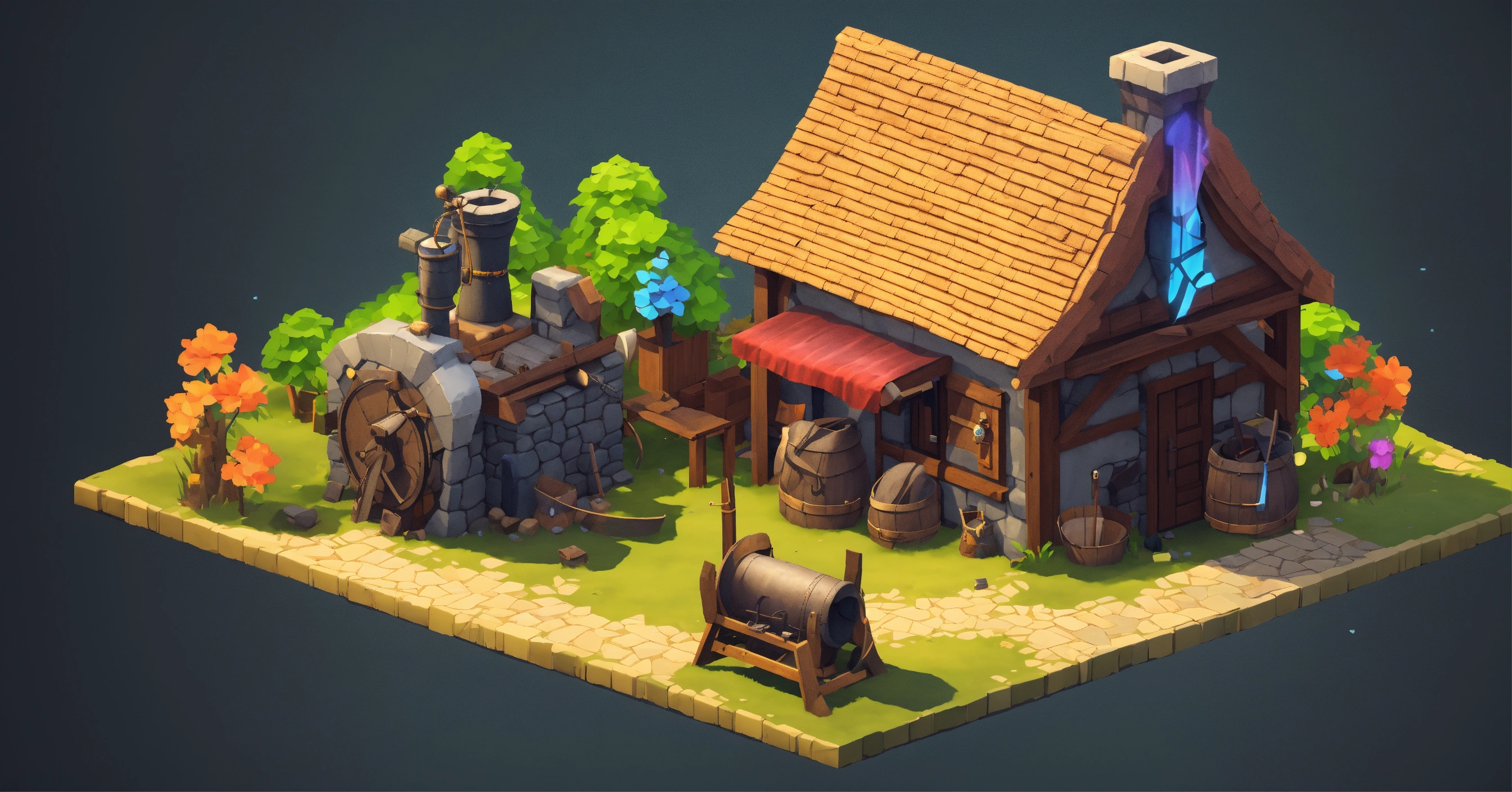 Lexica - Game art, blacksmith forge, isometric, full view, outside view ...