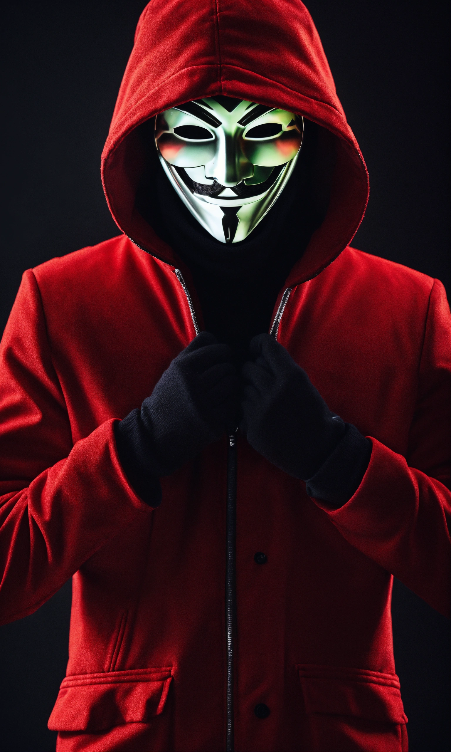 Lexica - Anonymous hacker in red jacket with dark hidden face sending ...