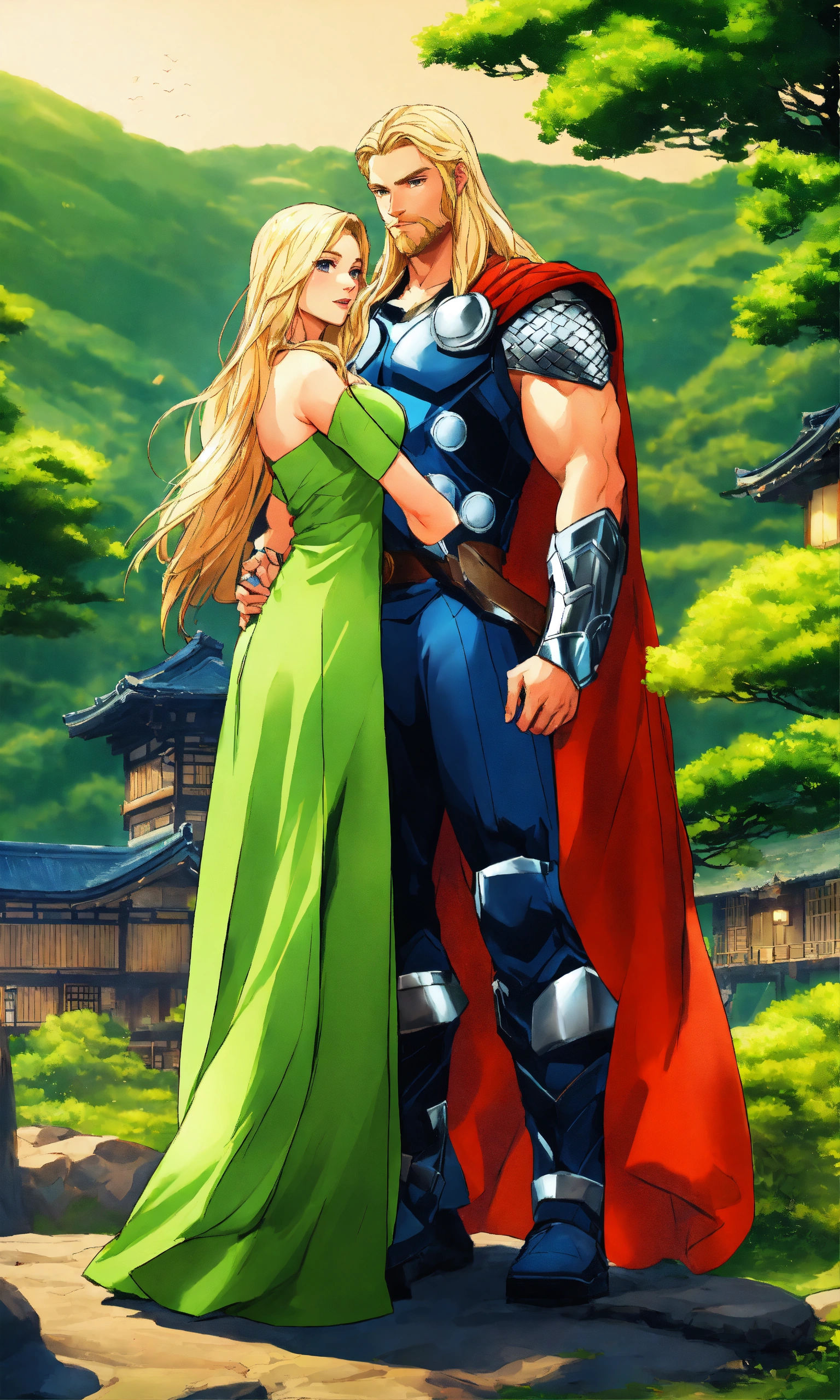 Lexica - Thor with his hot girlfriend with long hair in Japan beautiful village, 2D render ...