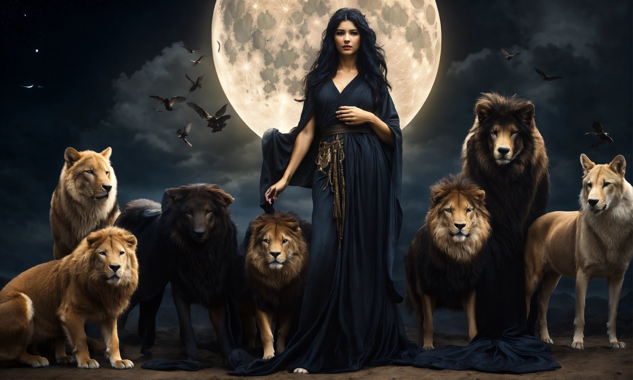 Lexica - Half greek goddess with black hair, flowing black robe ...
