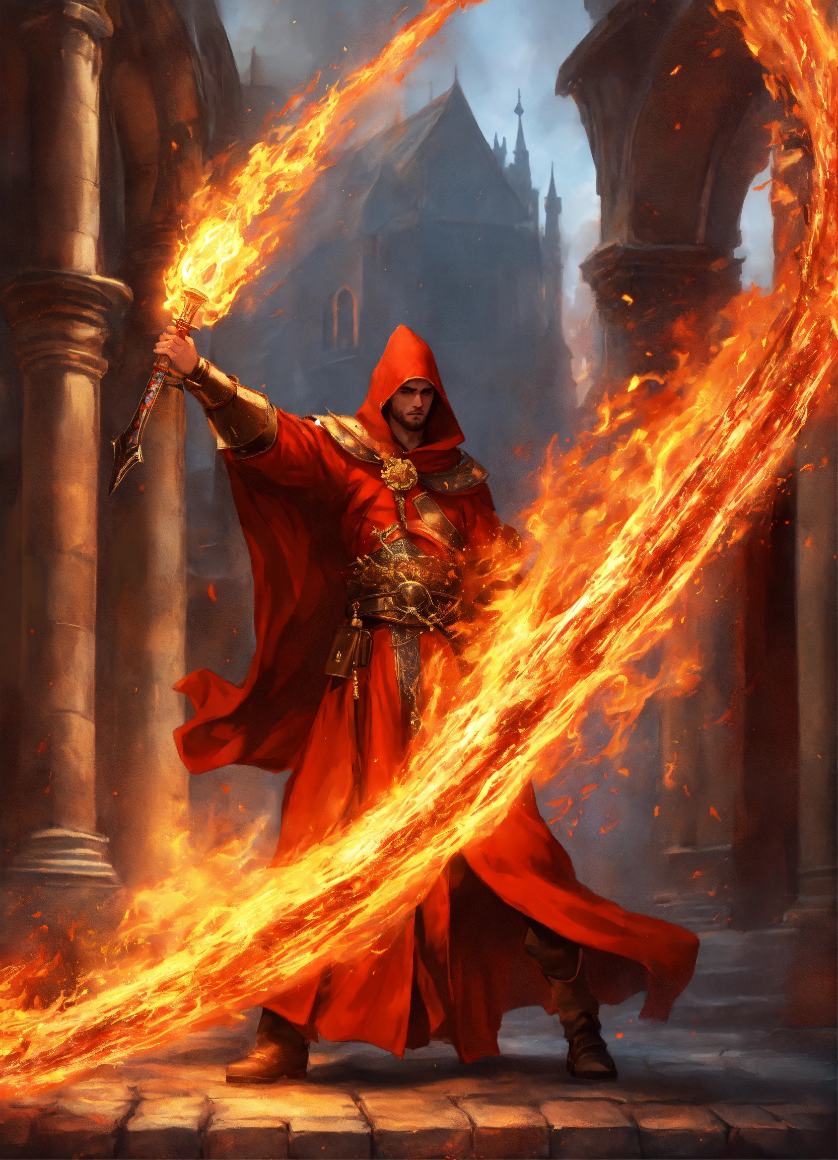 Lexica - Red robes sorcerer casting fire magic in an arc, flame ...
