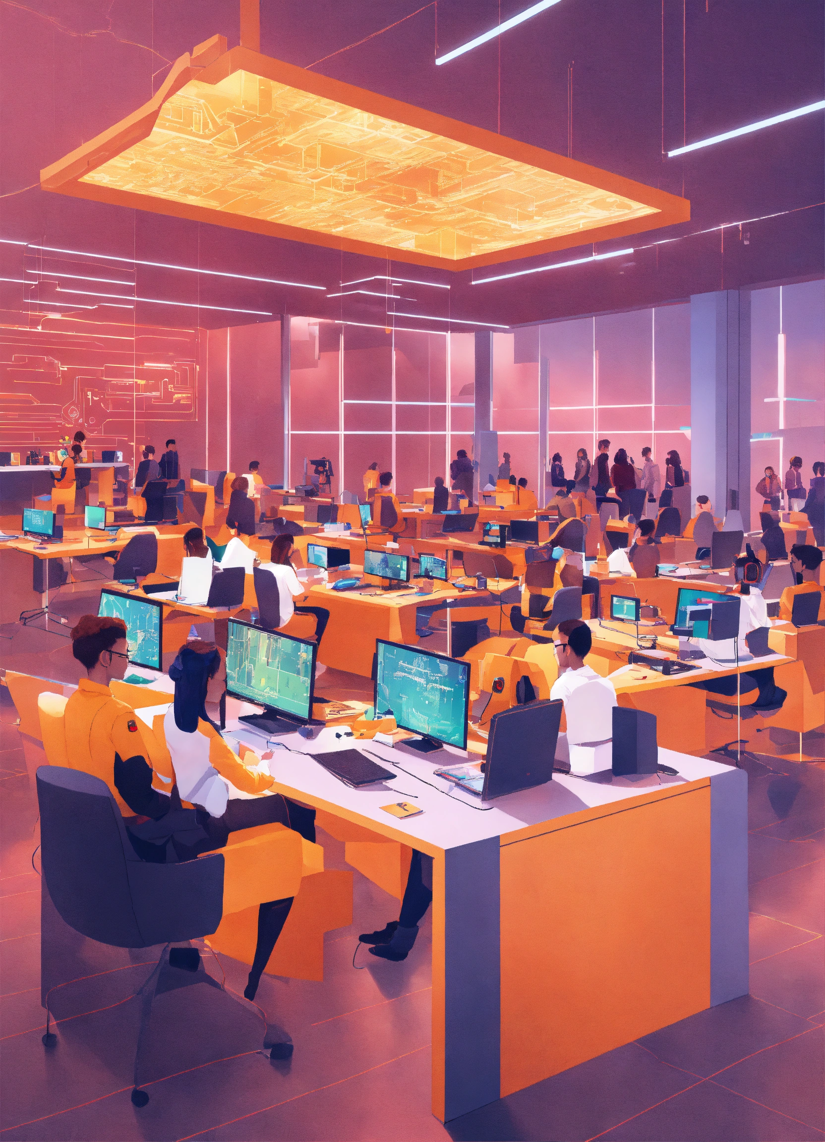 Lexica - Create an image of AI-powered interns sitting in a ...