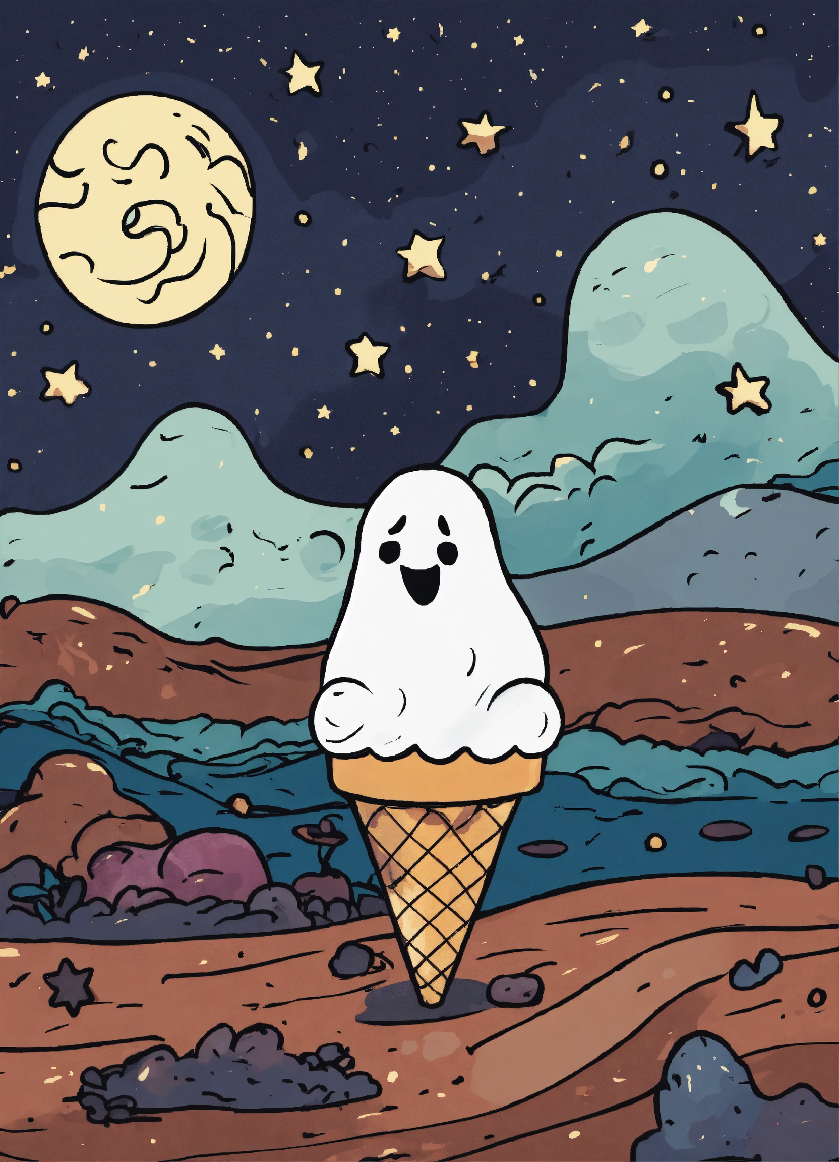Lexica - Simple ghost eating ice cream doodle png starry night background