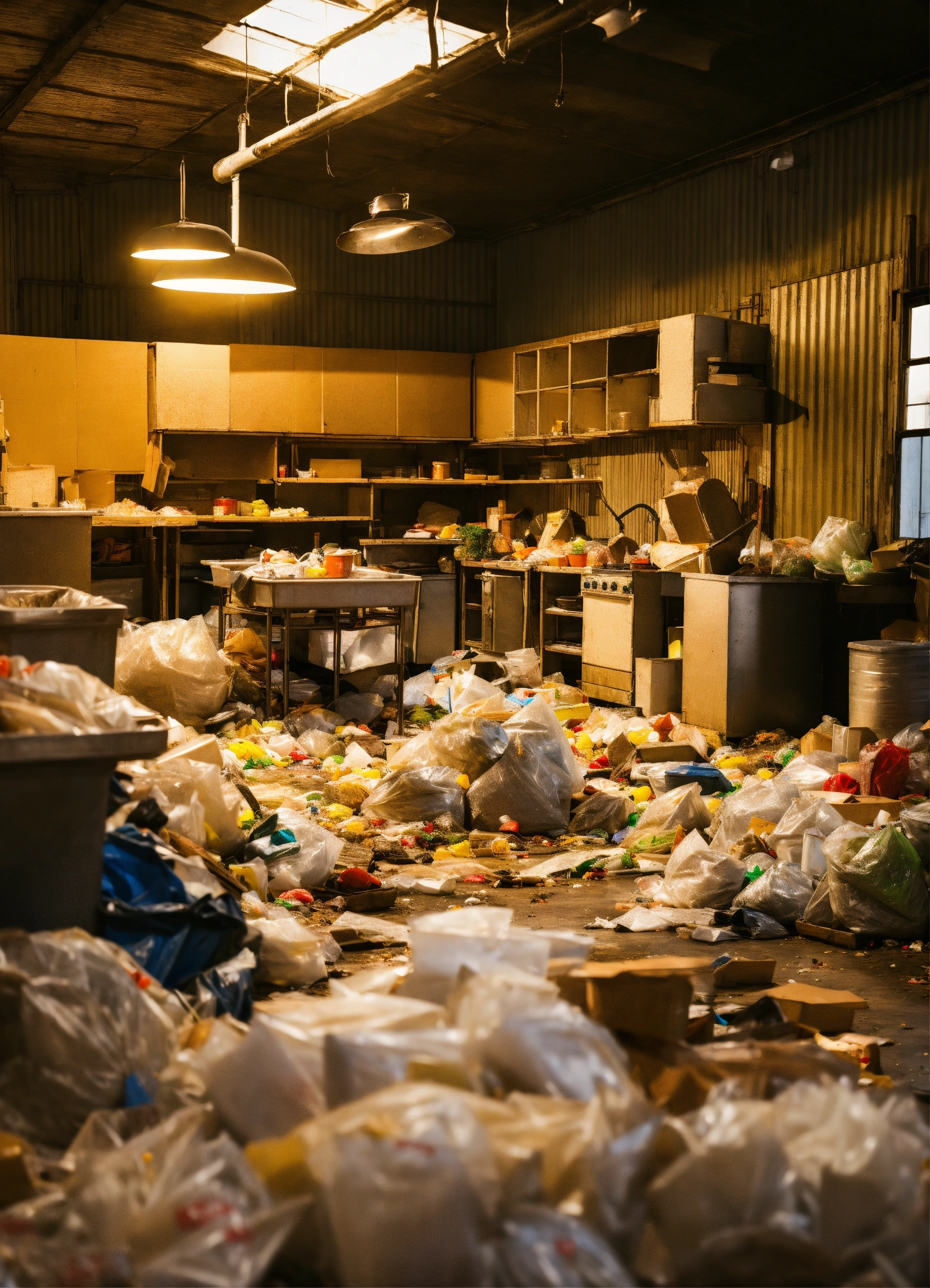 Lexica - Messy warehouse trash piles dirty kitchen
