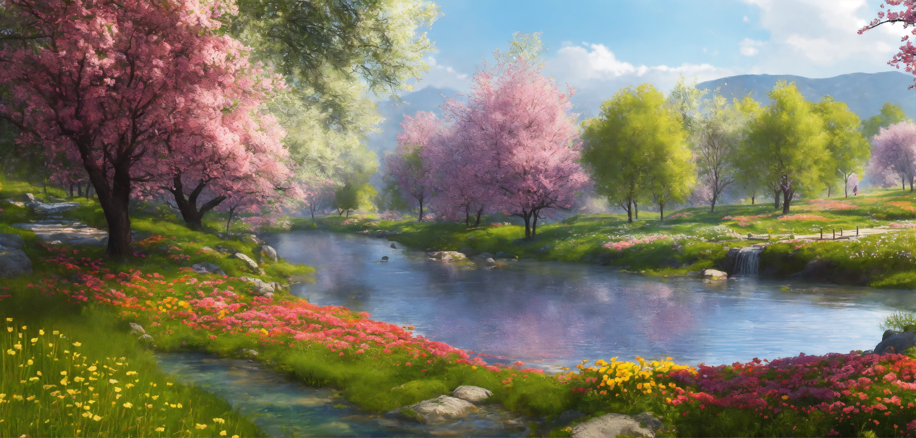 Lexica - A serene and majestic spring landscape with blossoming trees ...