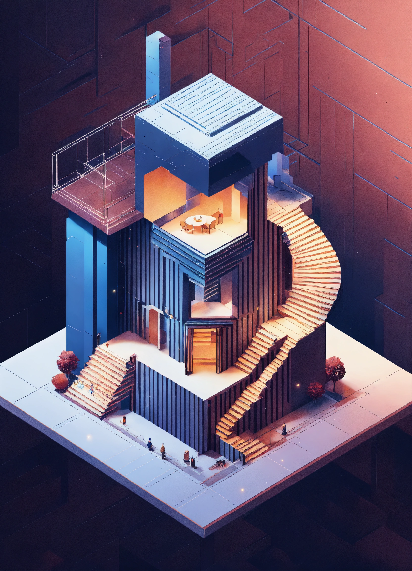 Lexica - Monument Valley style, axonometric view, staircase, cube, city ...
