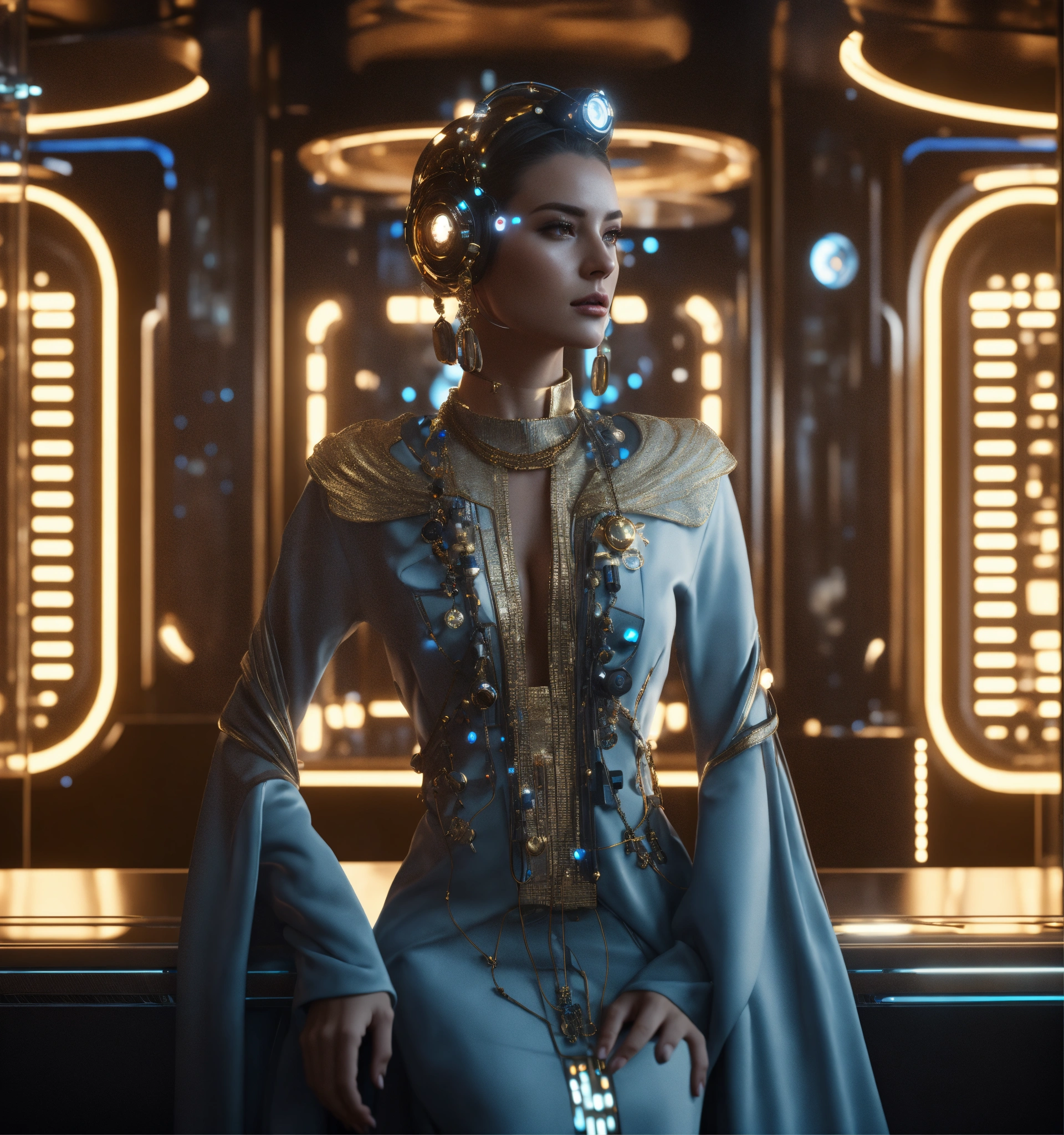 Lexica - Zoom out from an alluring humanoid wearing a fancy space robe ...