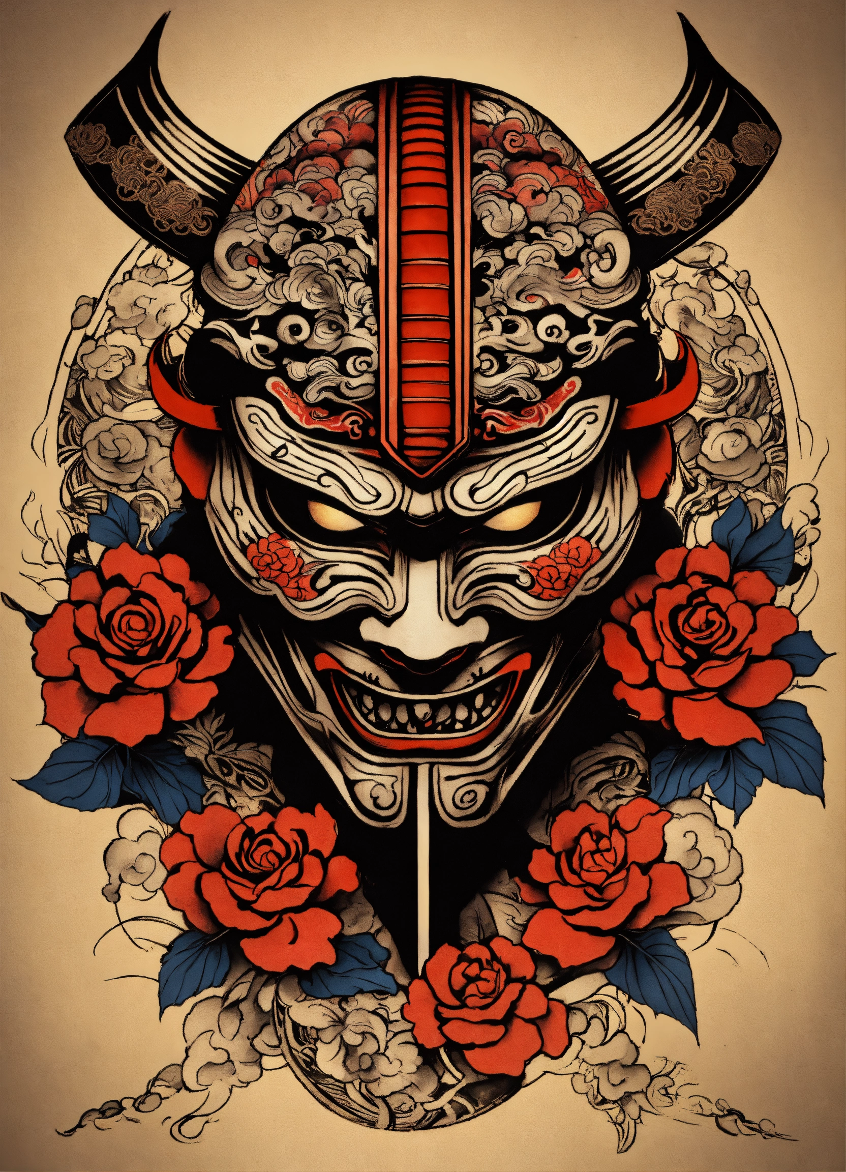 Lexica - Classic japanese tattoo style with high contrast, samurai mask ...
