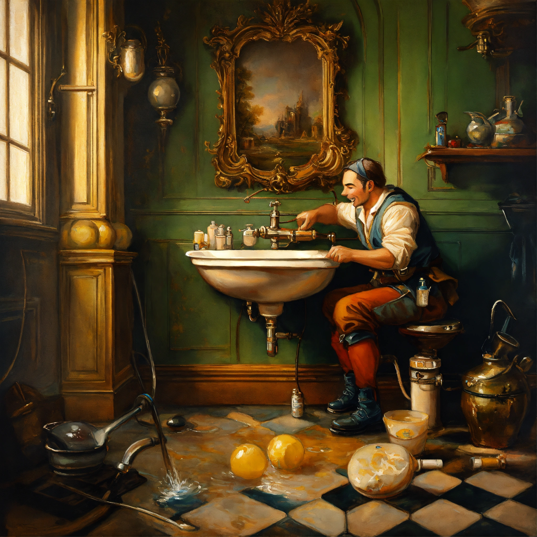 Lexica - A happy plumber Plugging Water Leak oil painting baroque