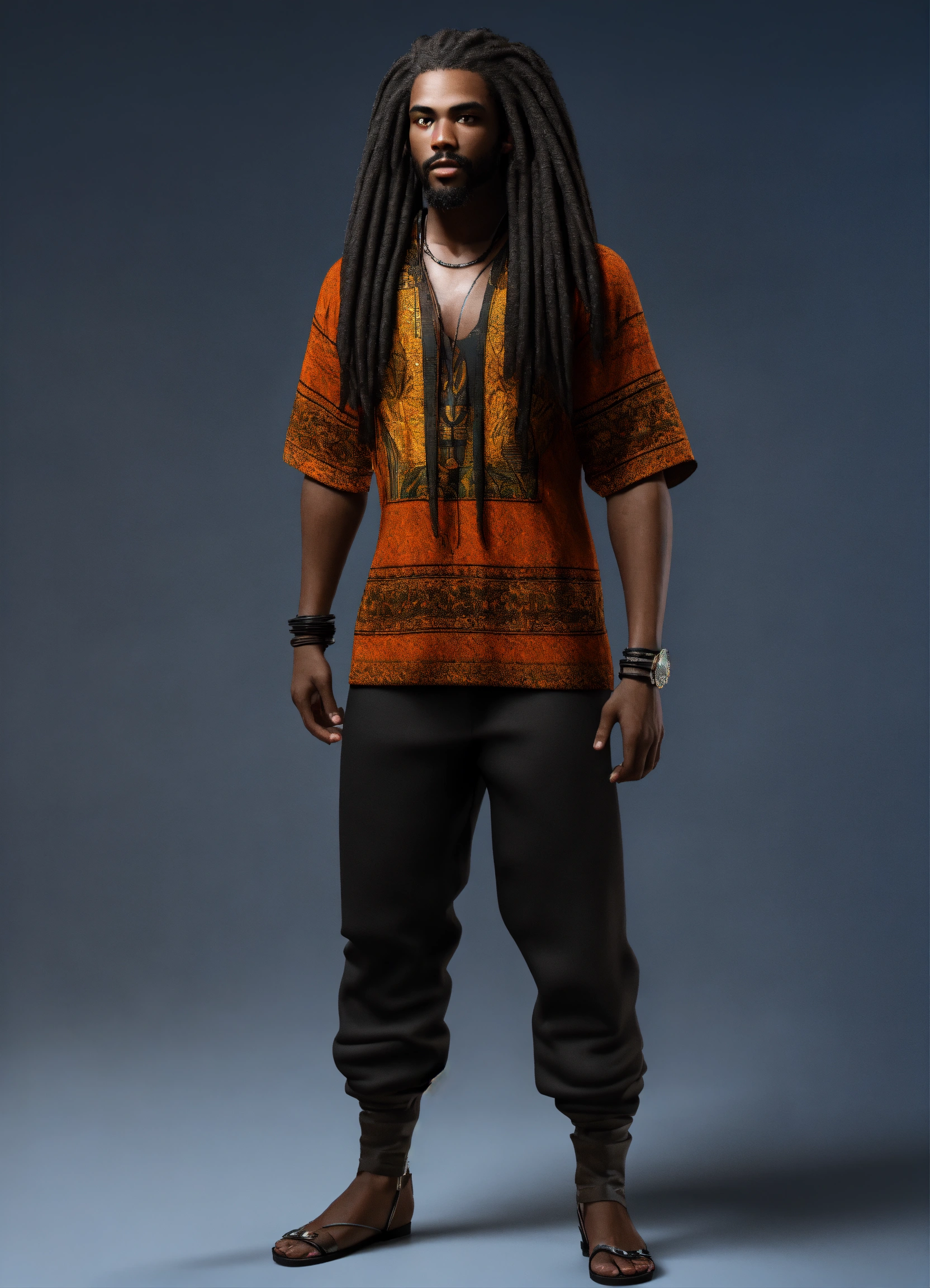 Lexica - 3d render of a Black man with long flowing dreadlocks, 6'5" tall, well-built, full body ...