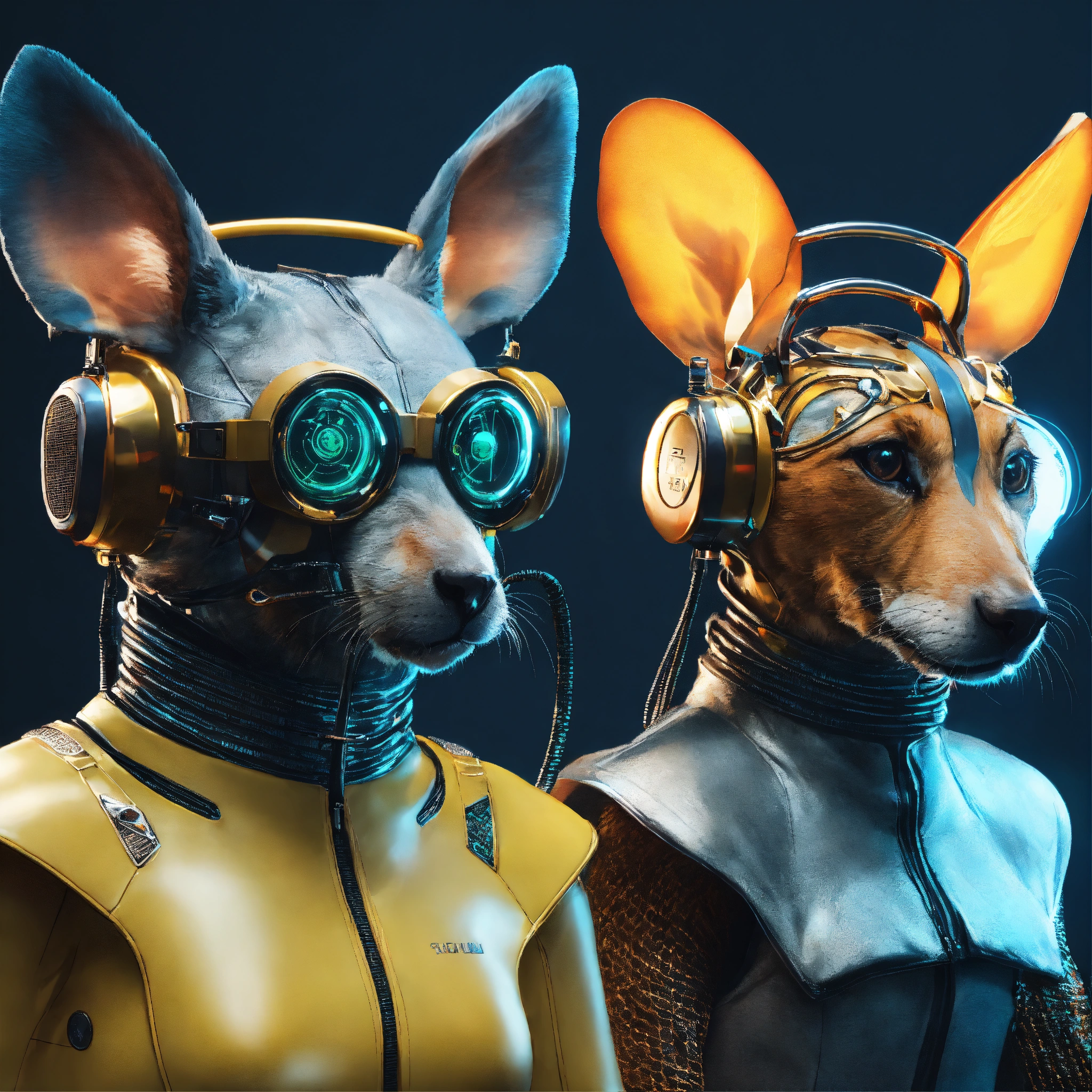 Lexica - Zoom out of 4 lovable creatures wearing detailed circuit ear ...