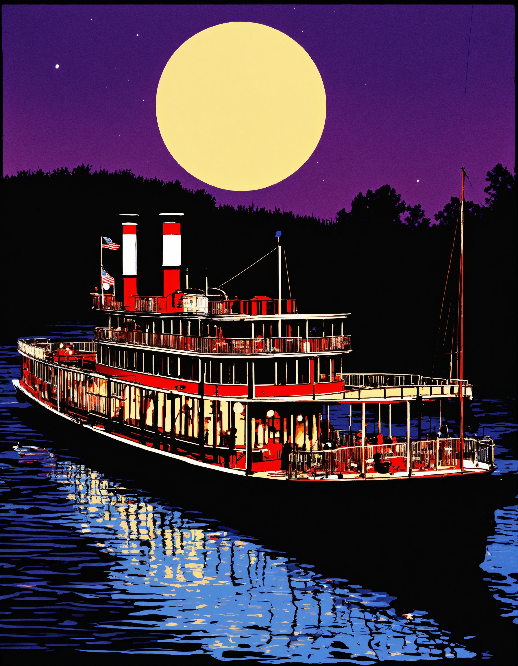 Lexica - Paddlewheel steamboat, full moon, river, pop art