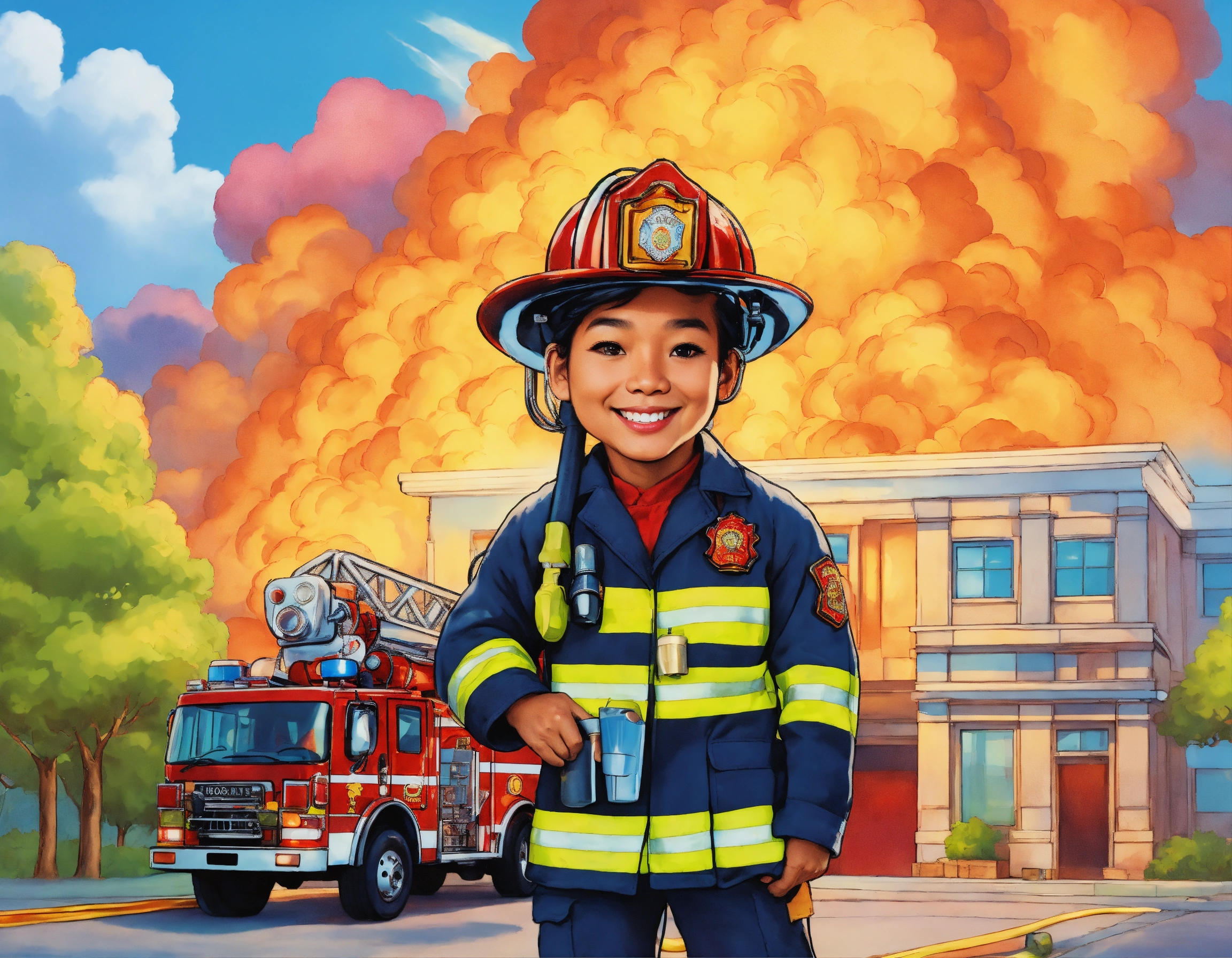 Lexica - Firefighter, smiling, Indonesian face, background in front of ...