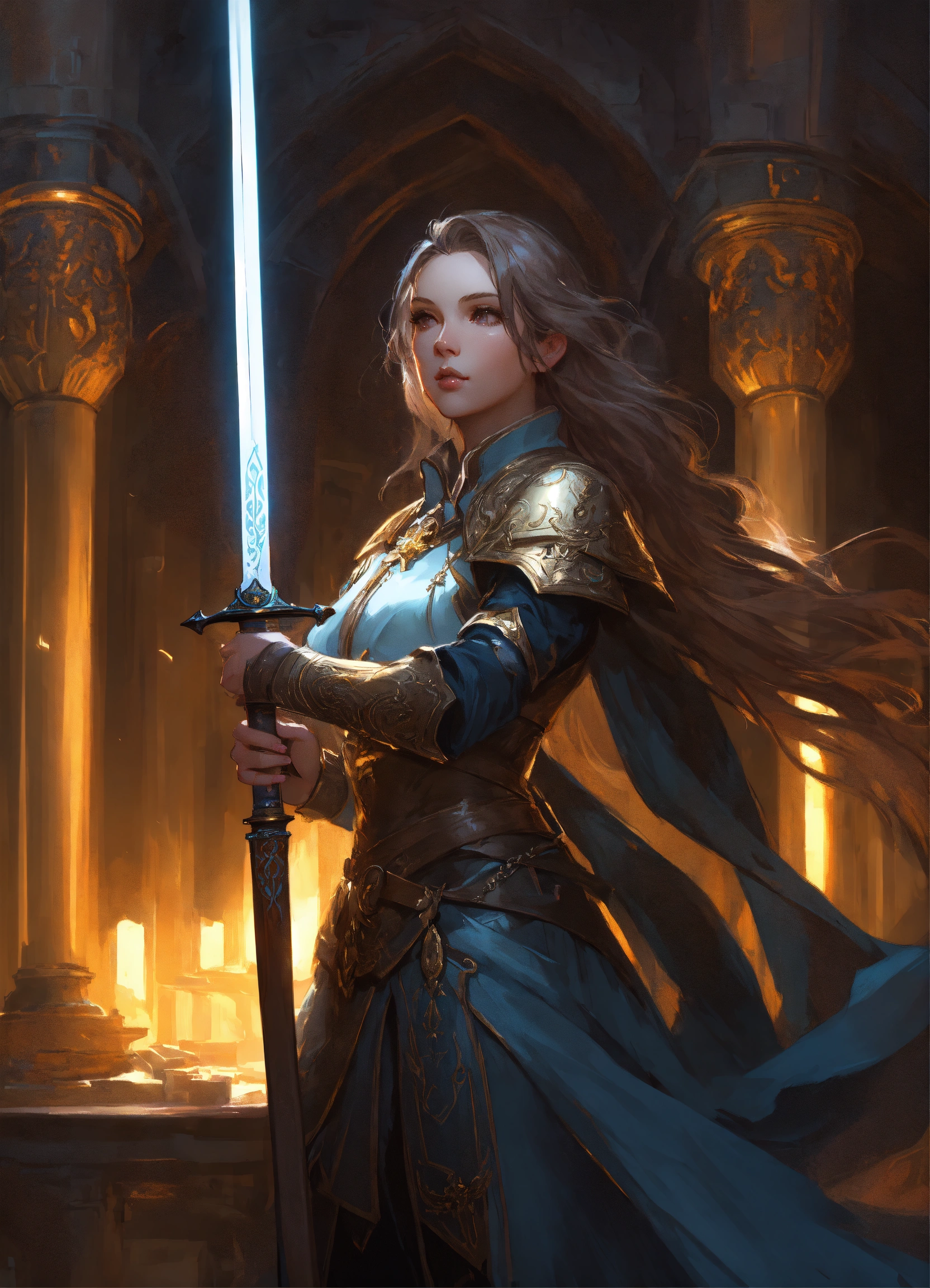 Lexica - Female cleric in center, dnd, fantasy, holding sword, dark ...