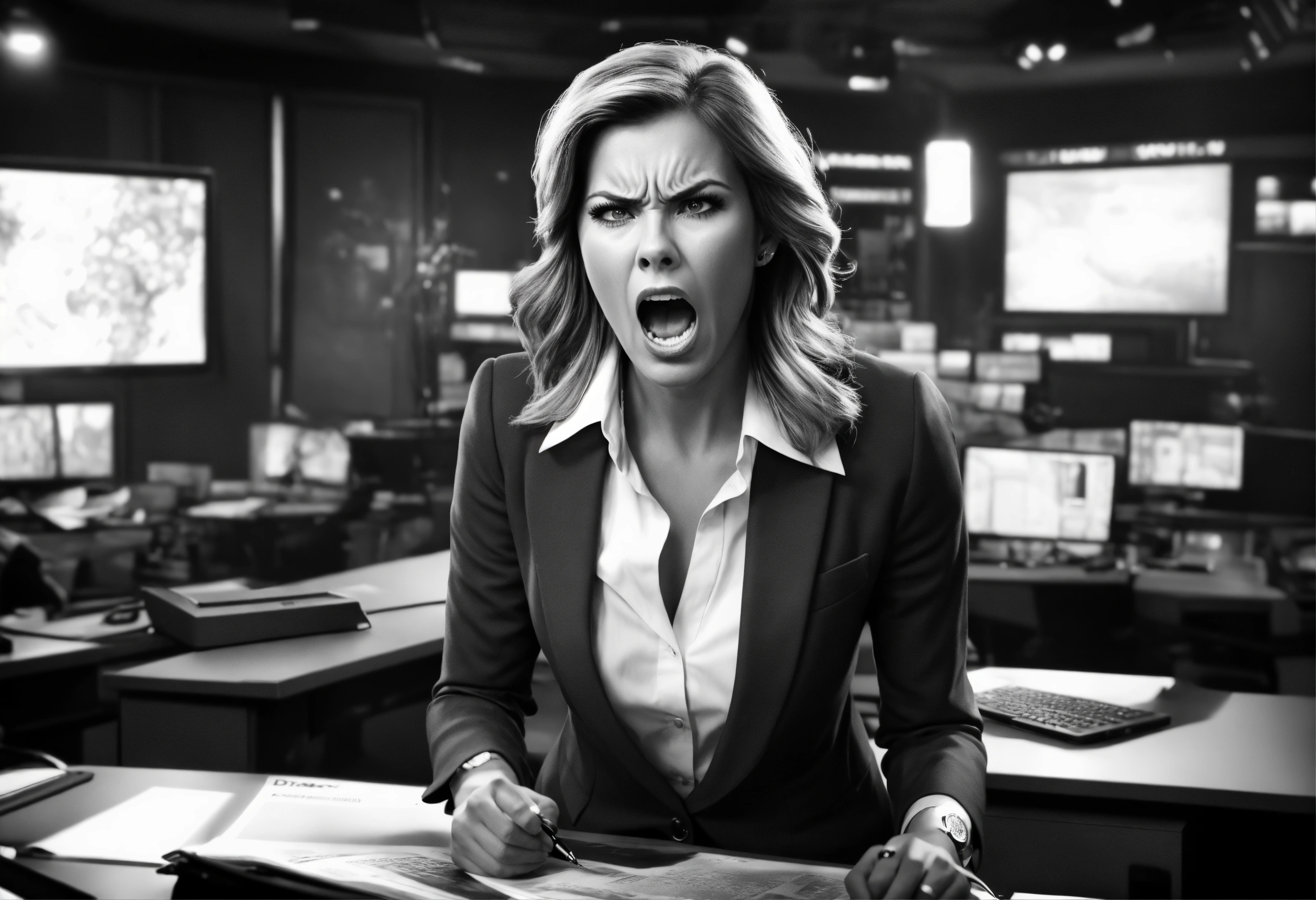 Lexica - Black and white illustration of enraged female news reporter ...