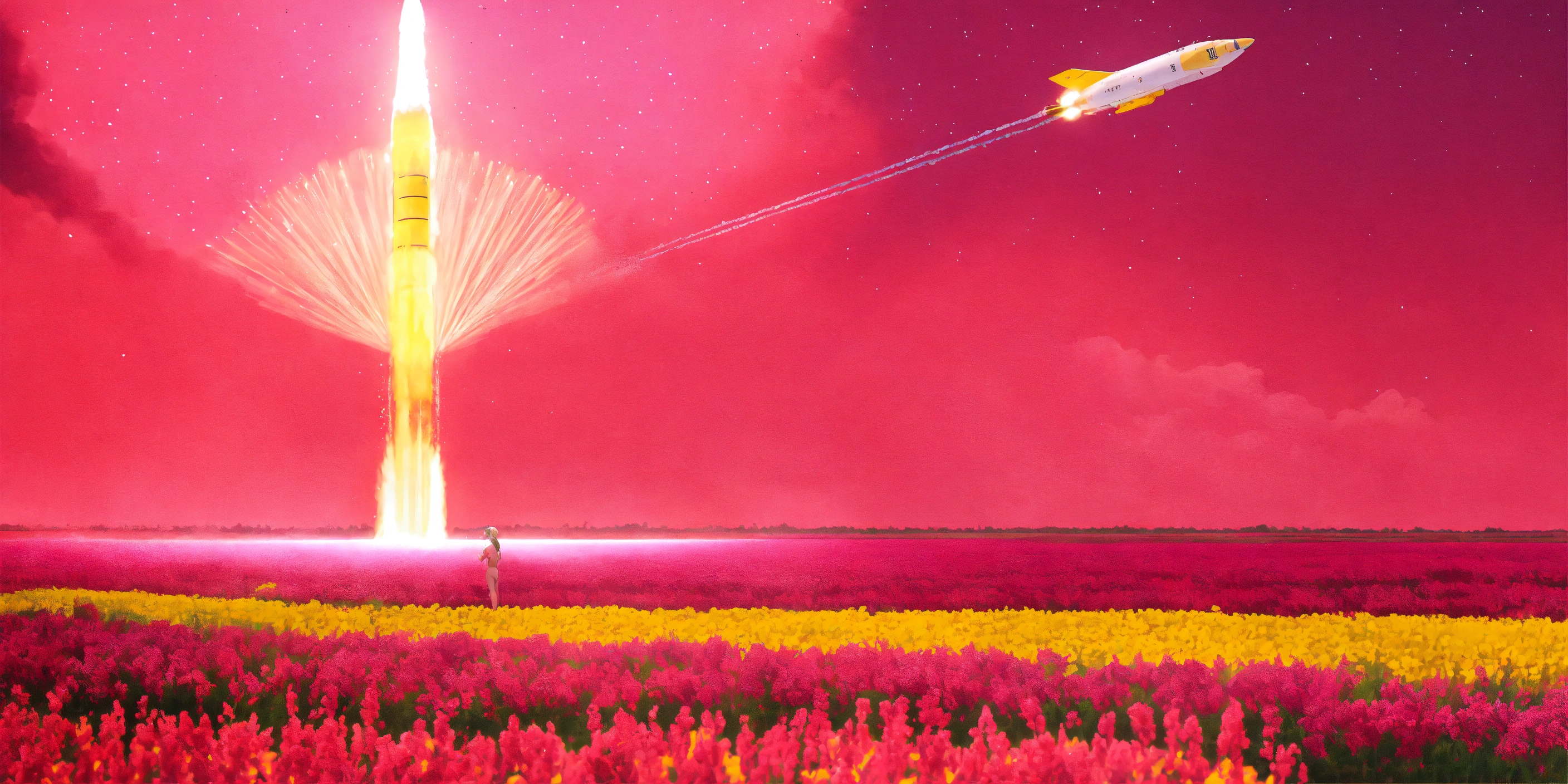 Lexica - Lady in a pink swimming suit watching how rocket is flying ...