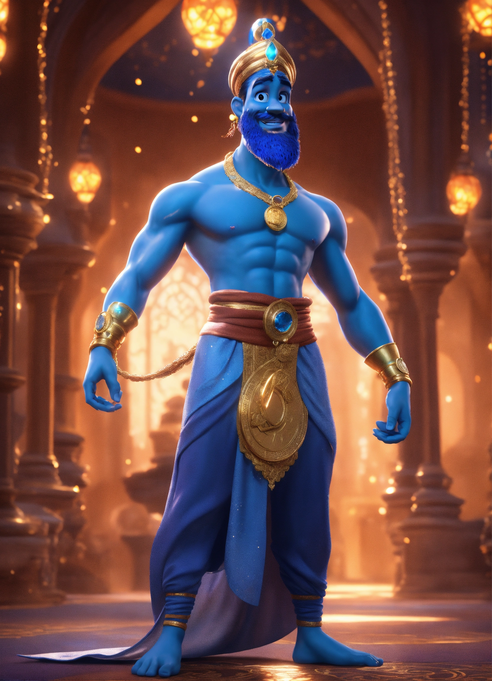Lexica - Create a 3D rendering of a magical blue Arabian male genie ...