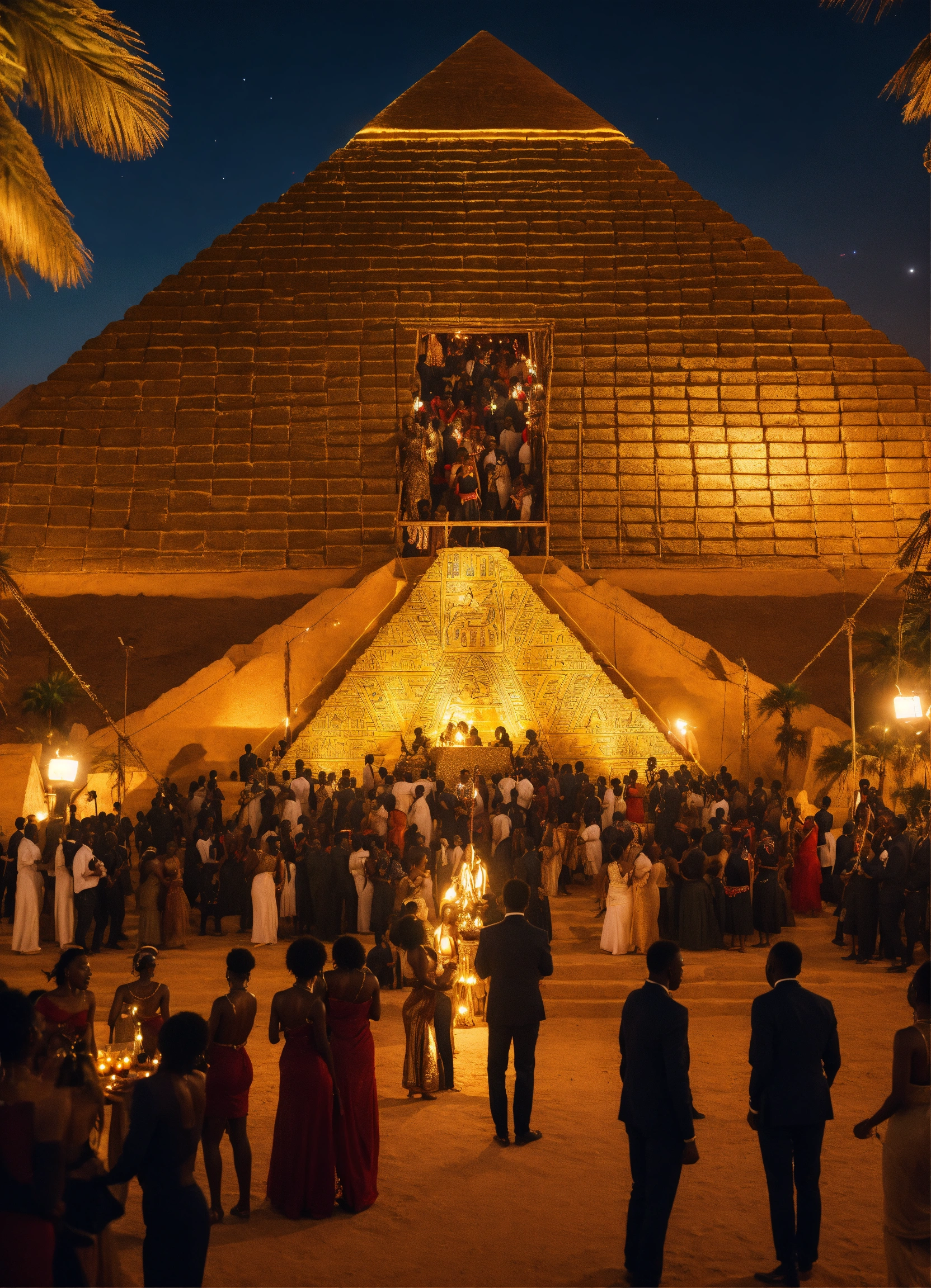 Lexica - African Egyptian Renaissance ball outside of a lit-up golden ...