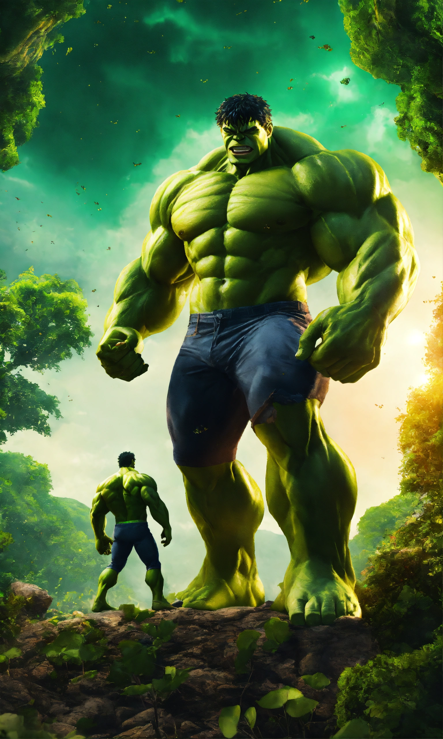 Lexica - Hulk meets Hulk in the multiverse, nature background, 2D render
