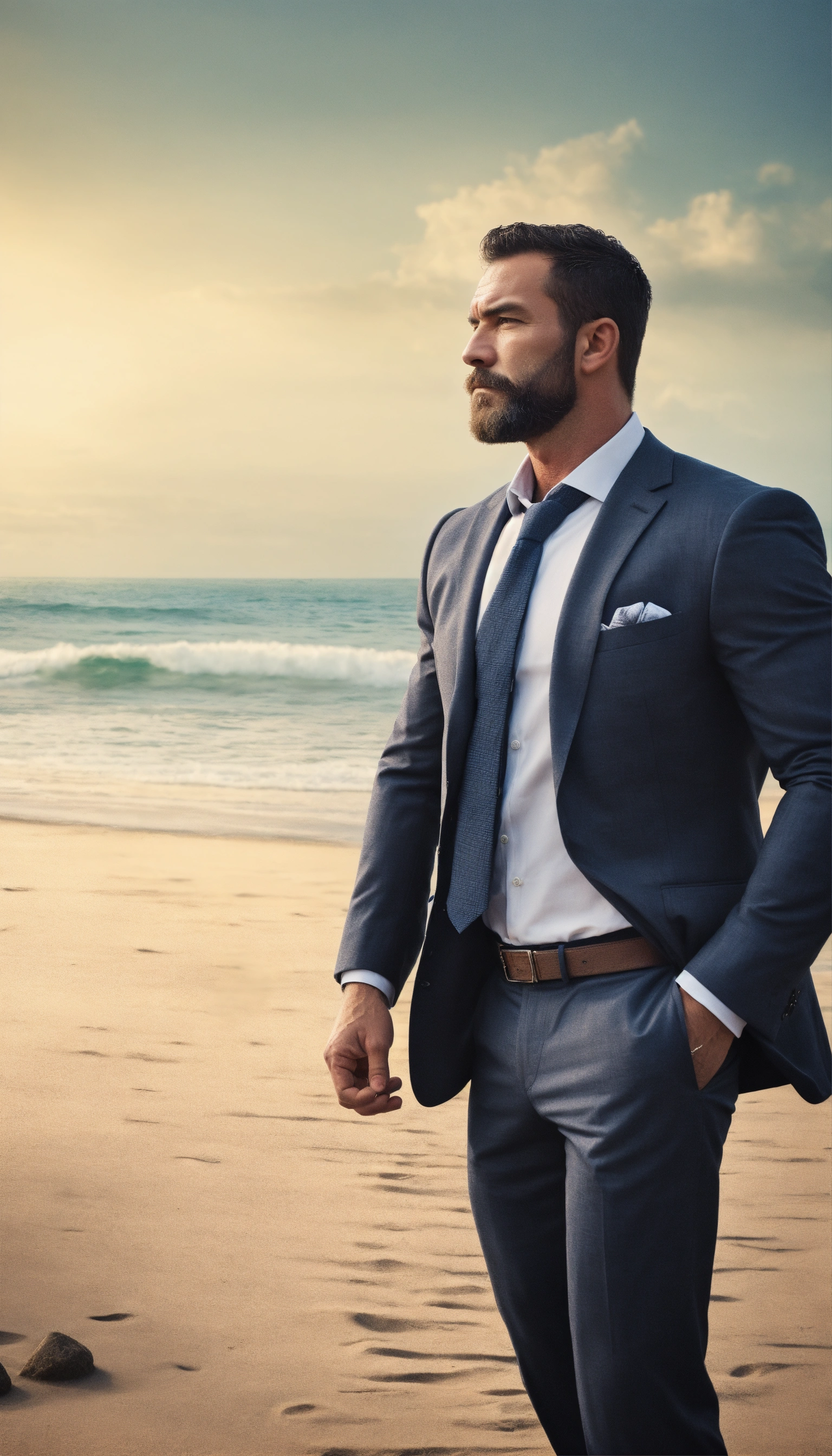 Lexica - Design a compelling image, rugged and strong man, in a suit ...