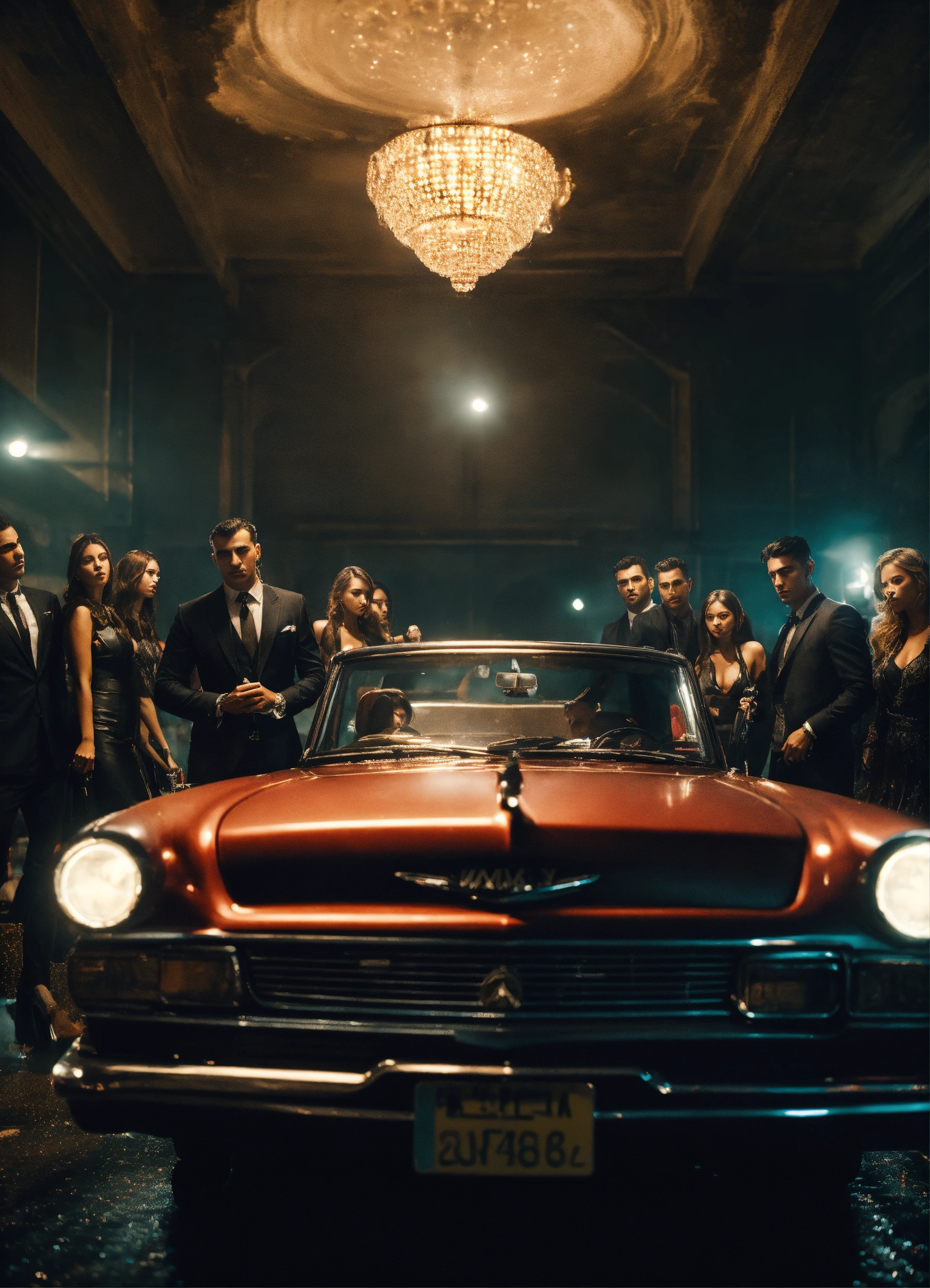 Lexica - Group of mafia male with riffles surrounded by girls, interior ...