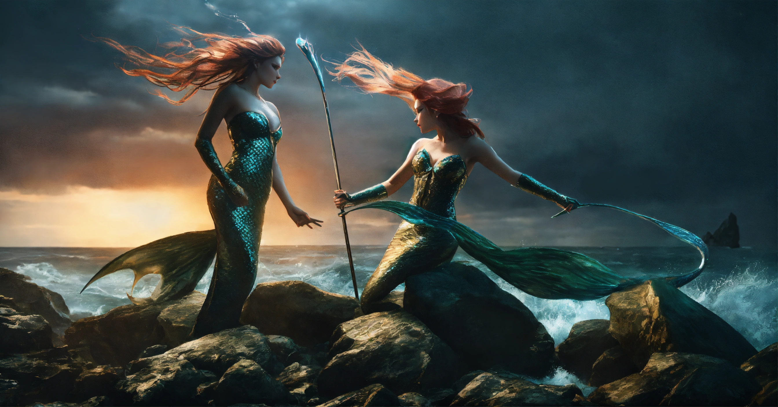 Lexica - Create a 4k detailed photo of two evil sleek mermaids fighting ...