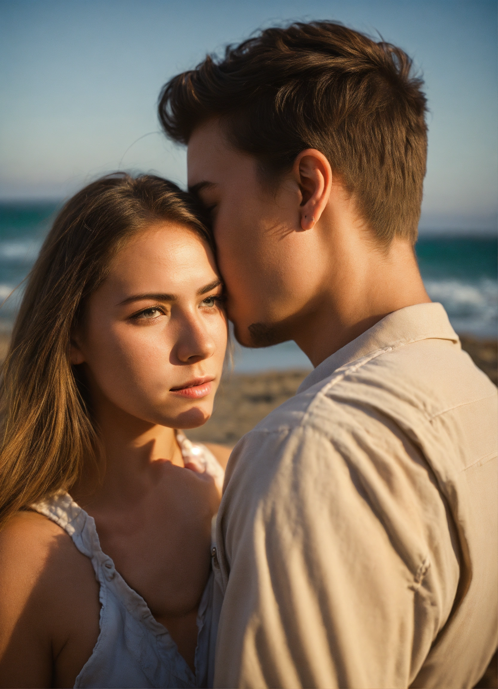 Lexica - Man holding beautiful girl, his hand on her cheek, she stares ...