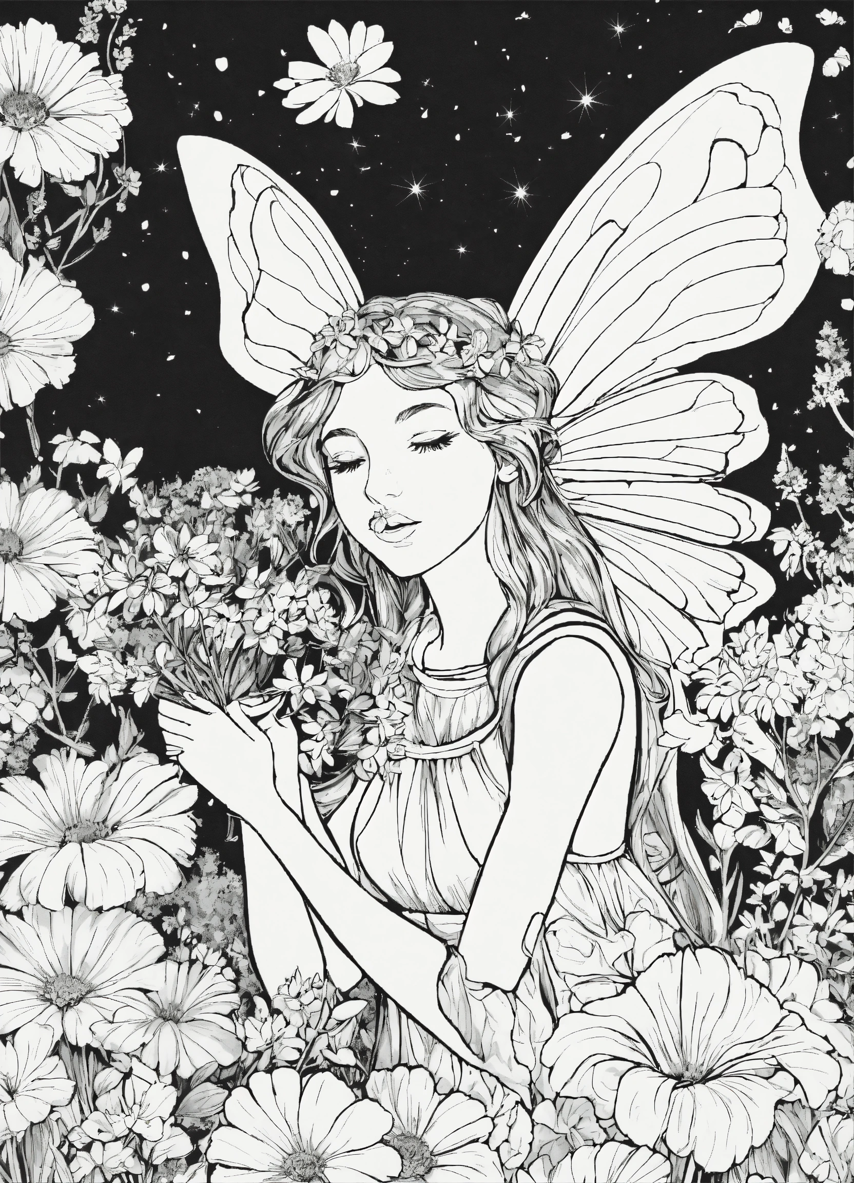 Lexica - A black and white coloring page of a fairy smelling a flower ...