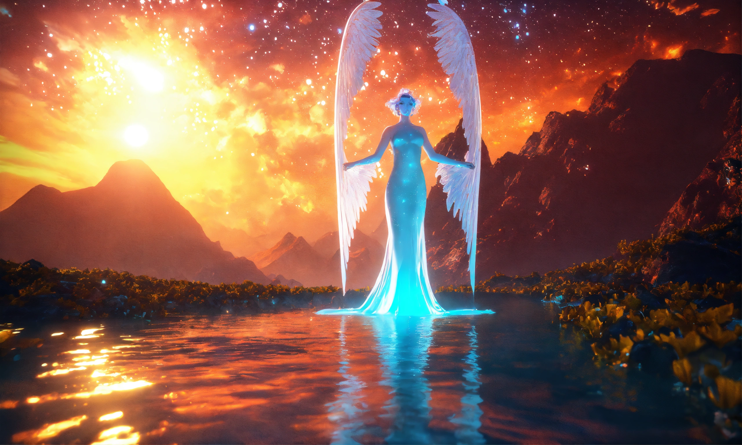 Lexica - Two ethereal water angel, mountain nebula, sun backgound ...