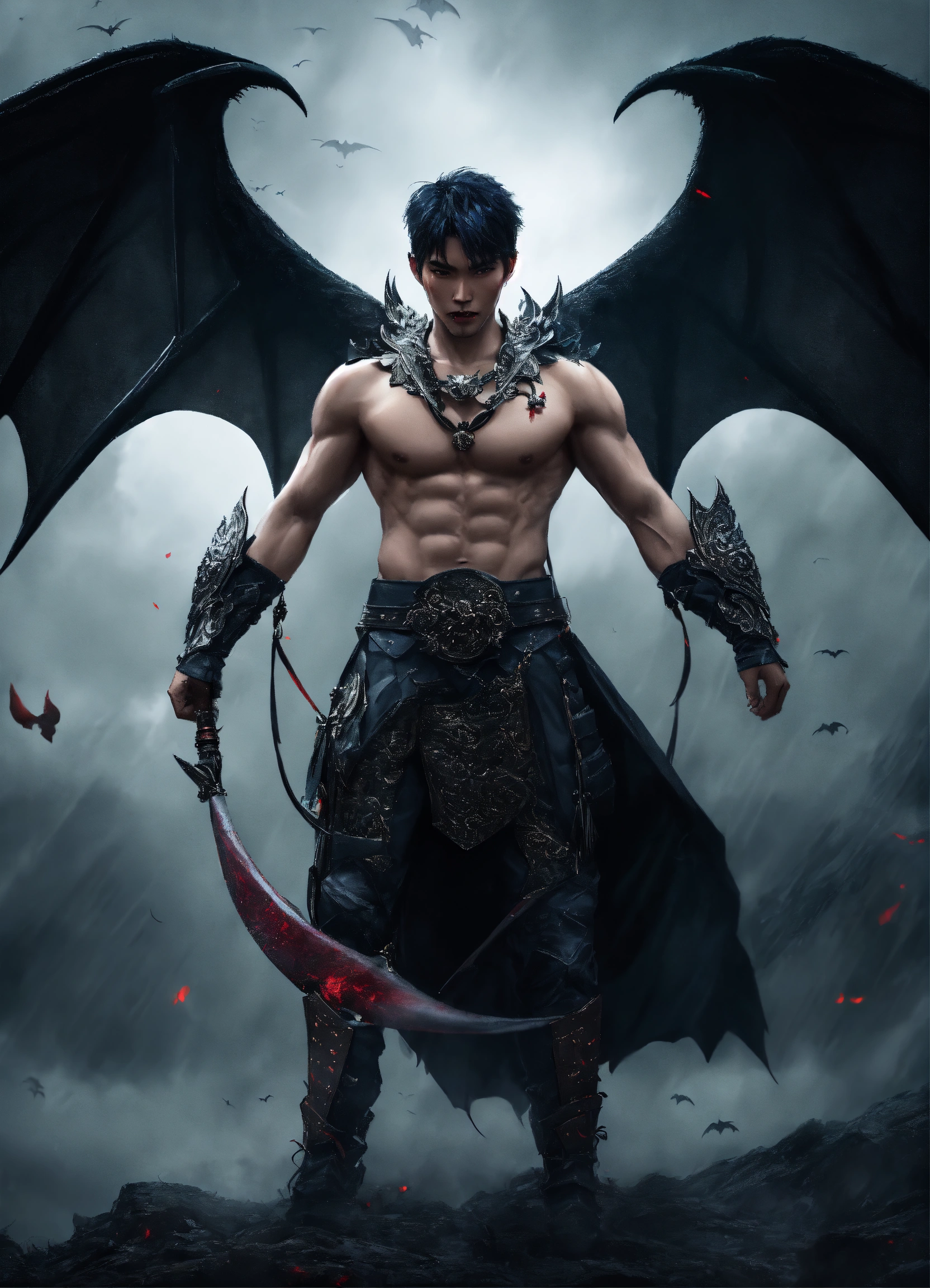 Lexica - Full body strong muscular evil Asian vampire man entangled in ...