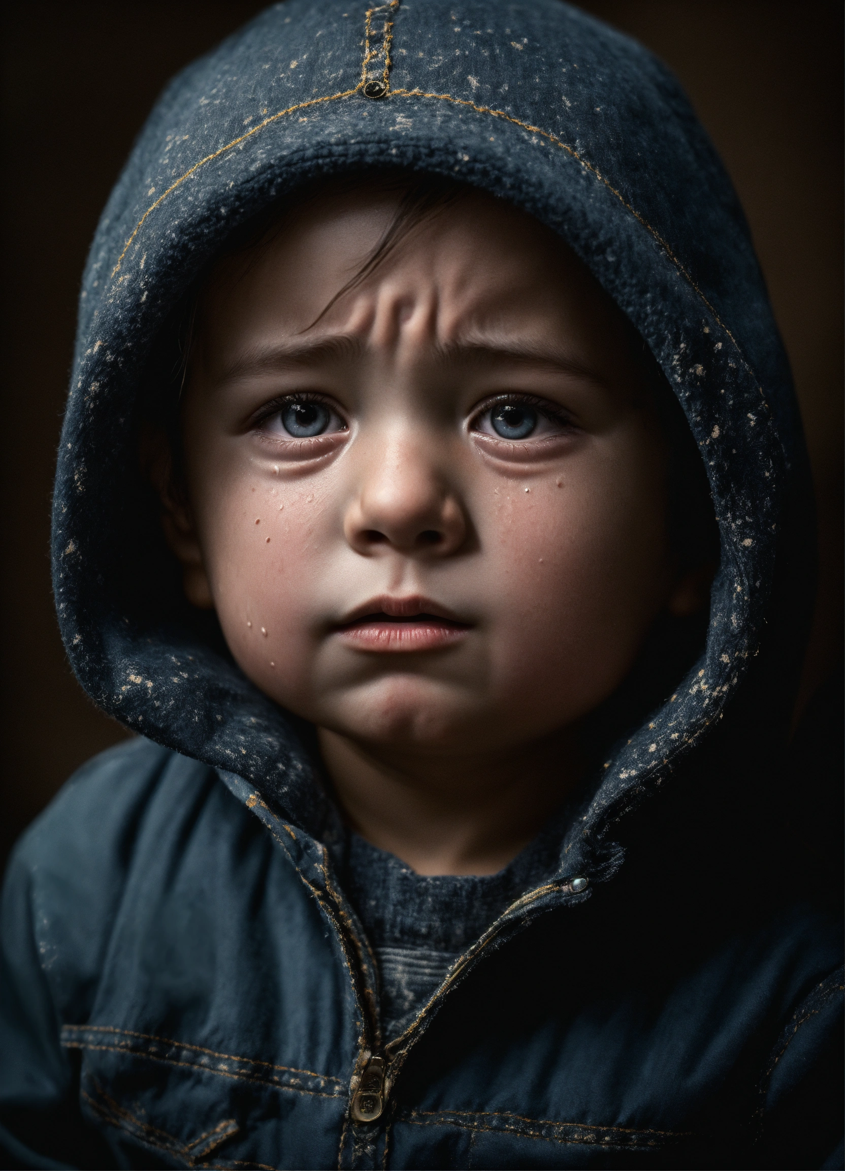 Lexica - Sad crying face child photo realistic blakc background