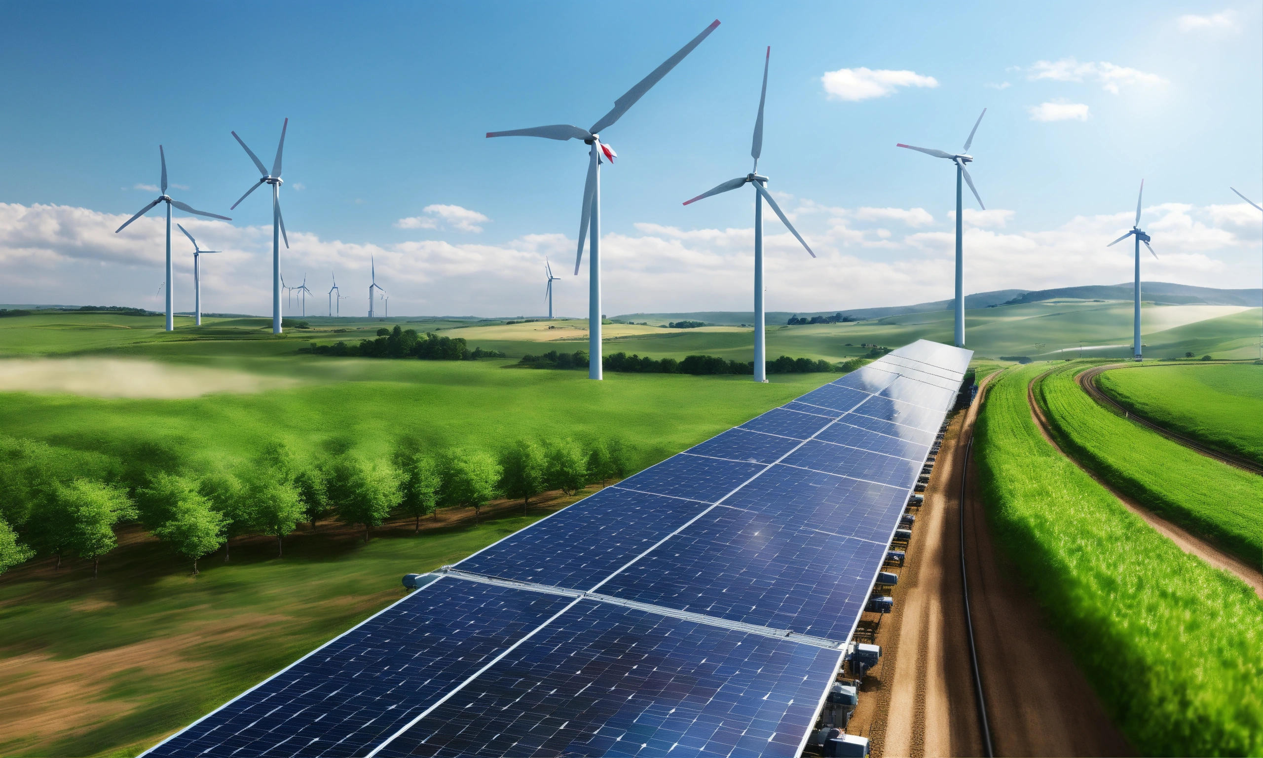 Lexica - Landscape with green landscape, blue sky, some wind turbine ...