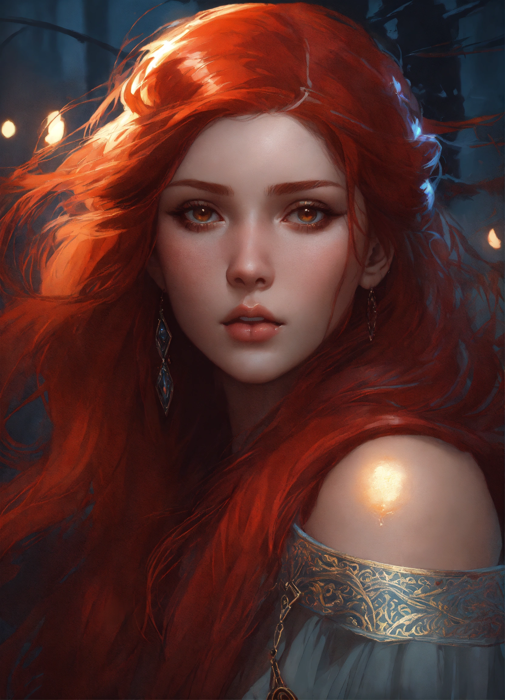 Lexica - Beautiful, red hair, sorceress, long hair, mysterious moonlit ...