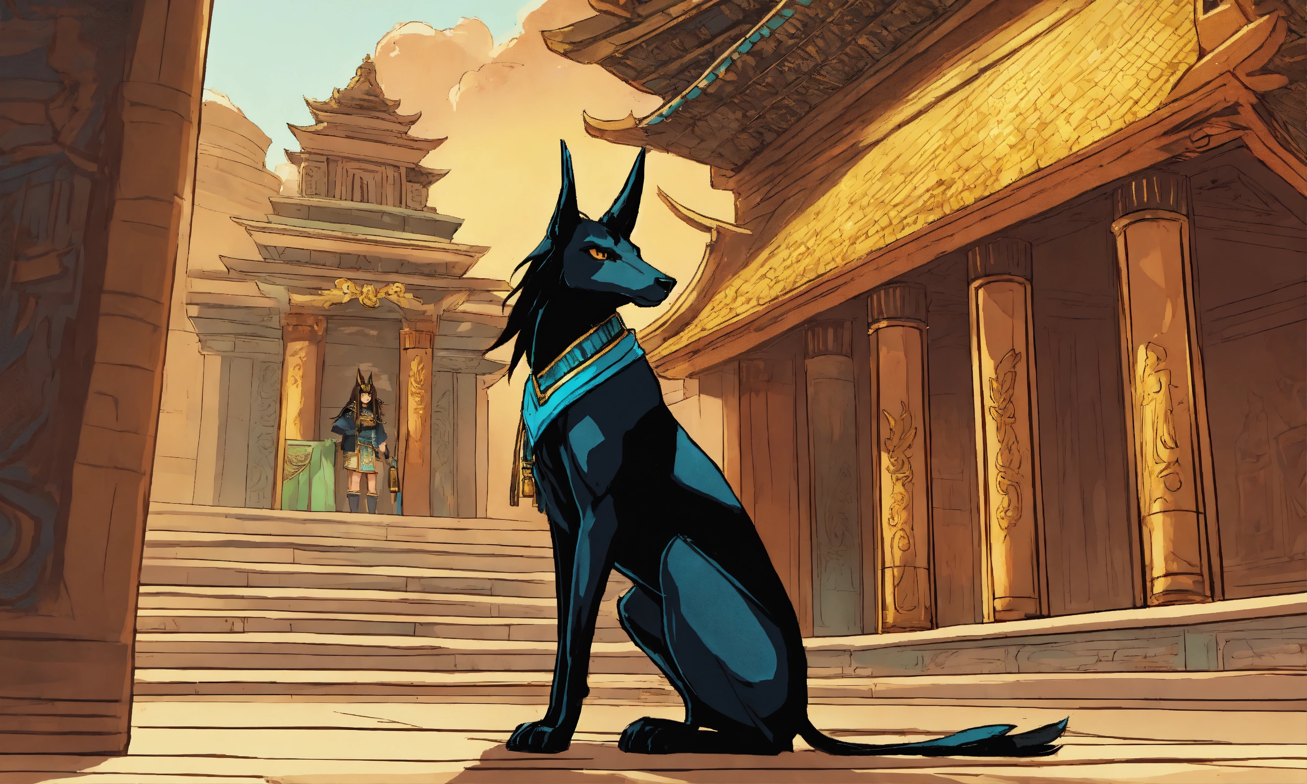 Lexica - Young human faced Black long haired Anubis at a temple. comic