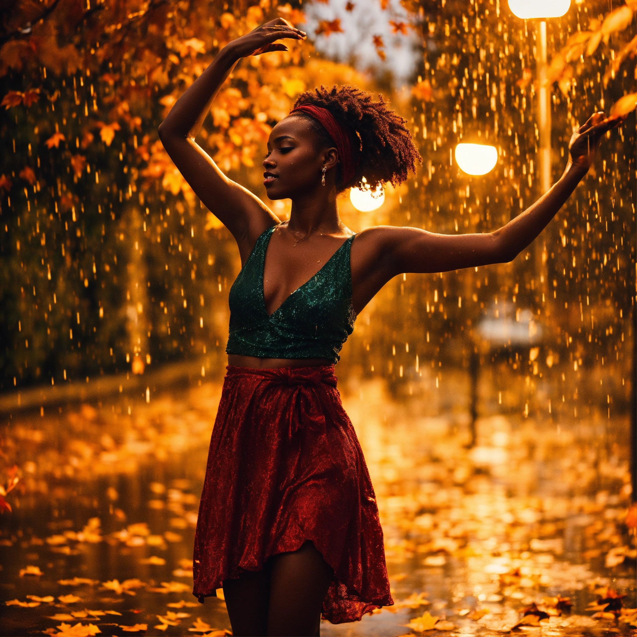 Lexica - Melanin lady dancing in the rain, Autumn lights
