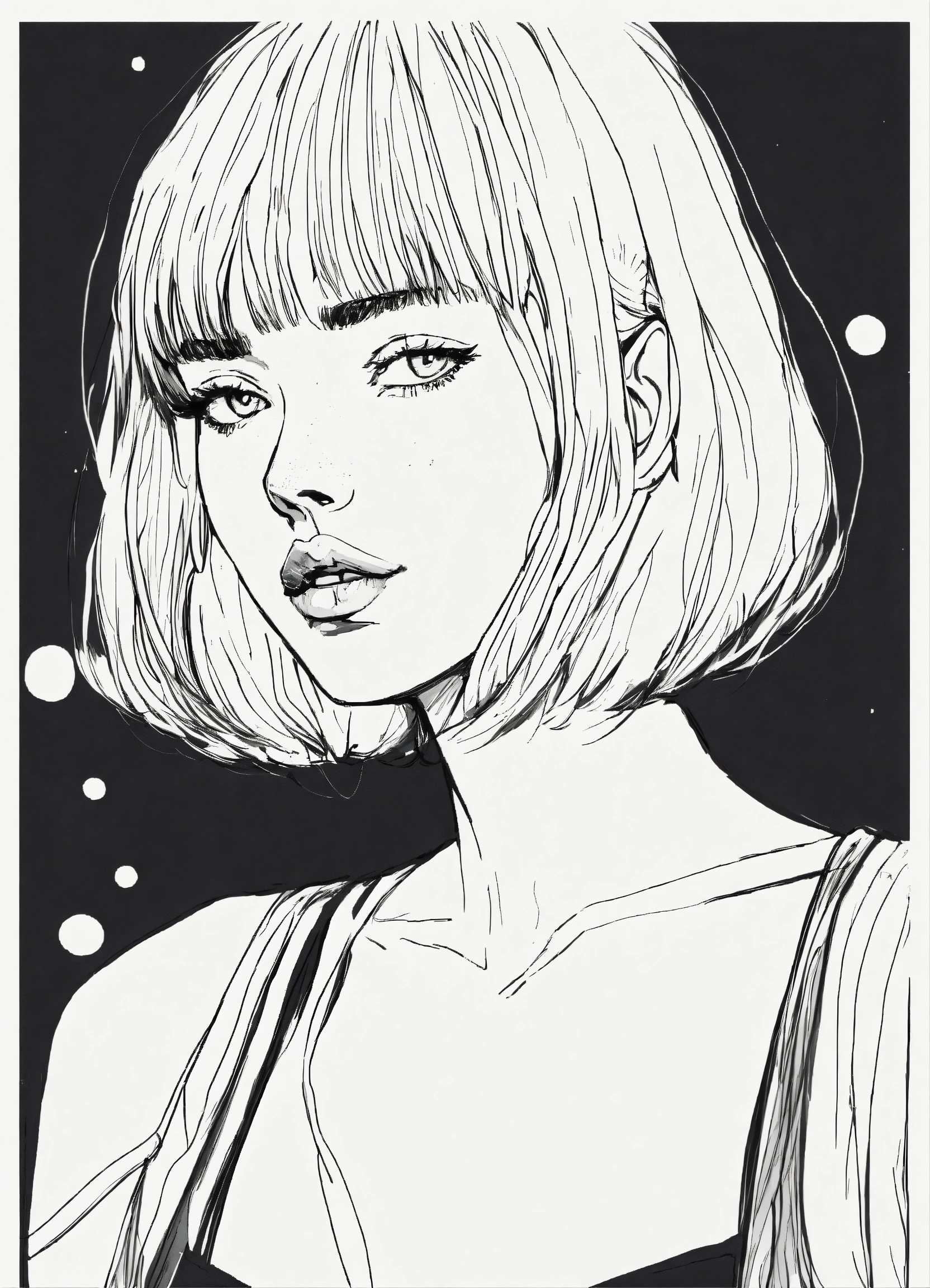 Lexica - Black and white line drawing, skinny girl, bob with bangs ...