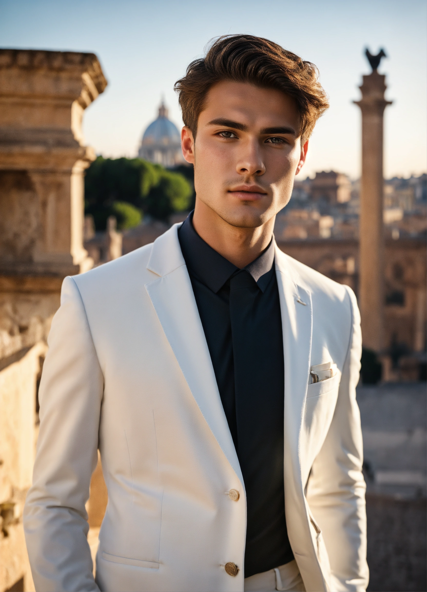 Lexica - Photo of one young male model in whiteclothes looking to the ...