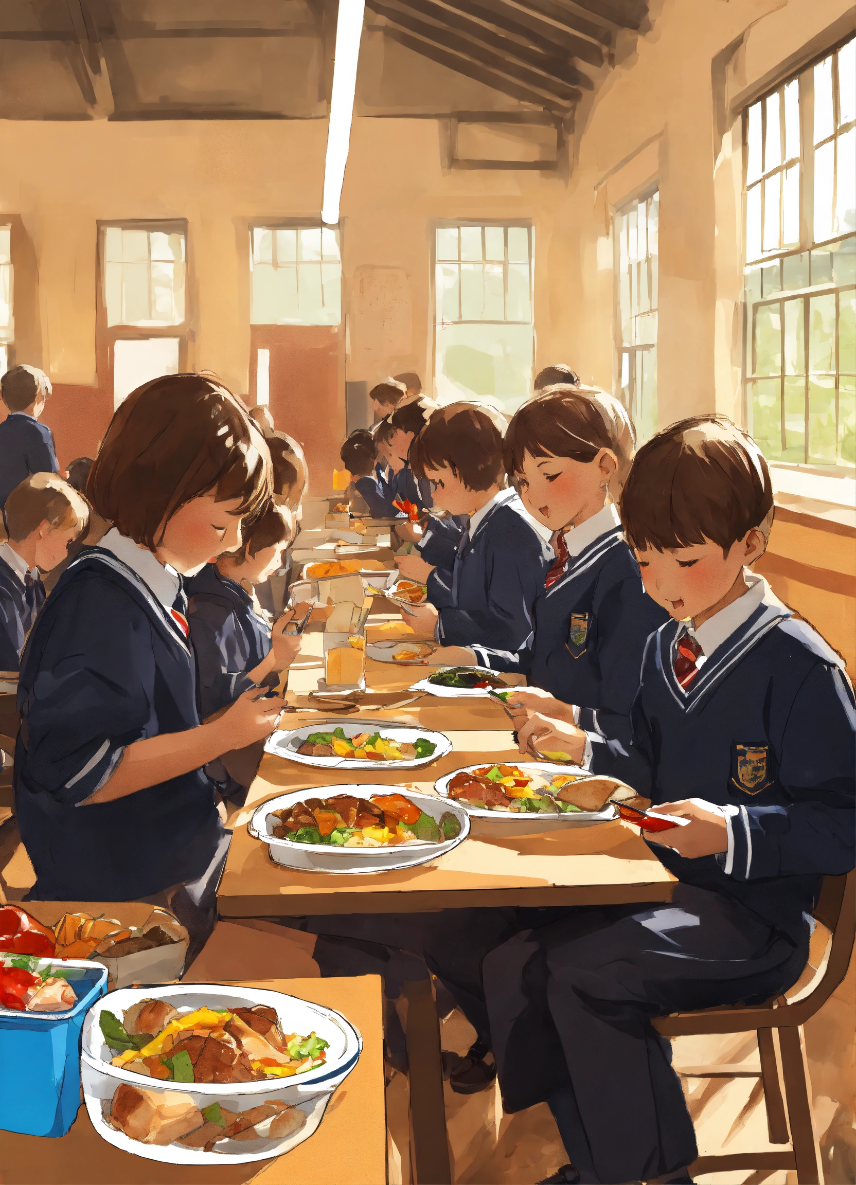 Lexica - Sketching of children in school uniform eating school dinner ...