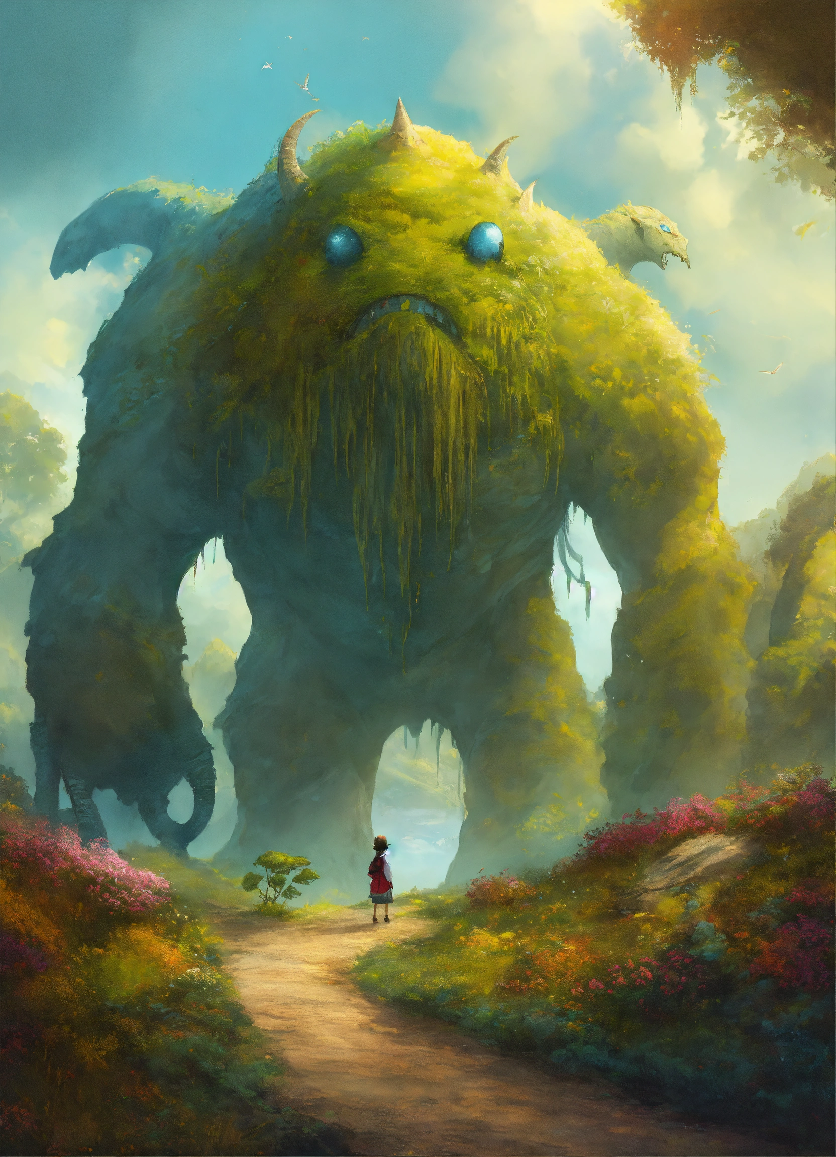 Lexica - Paysage de fantasy avec une créature monstrueuse qui rencontre ...
