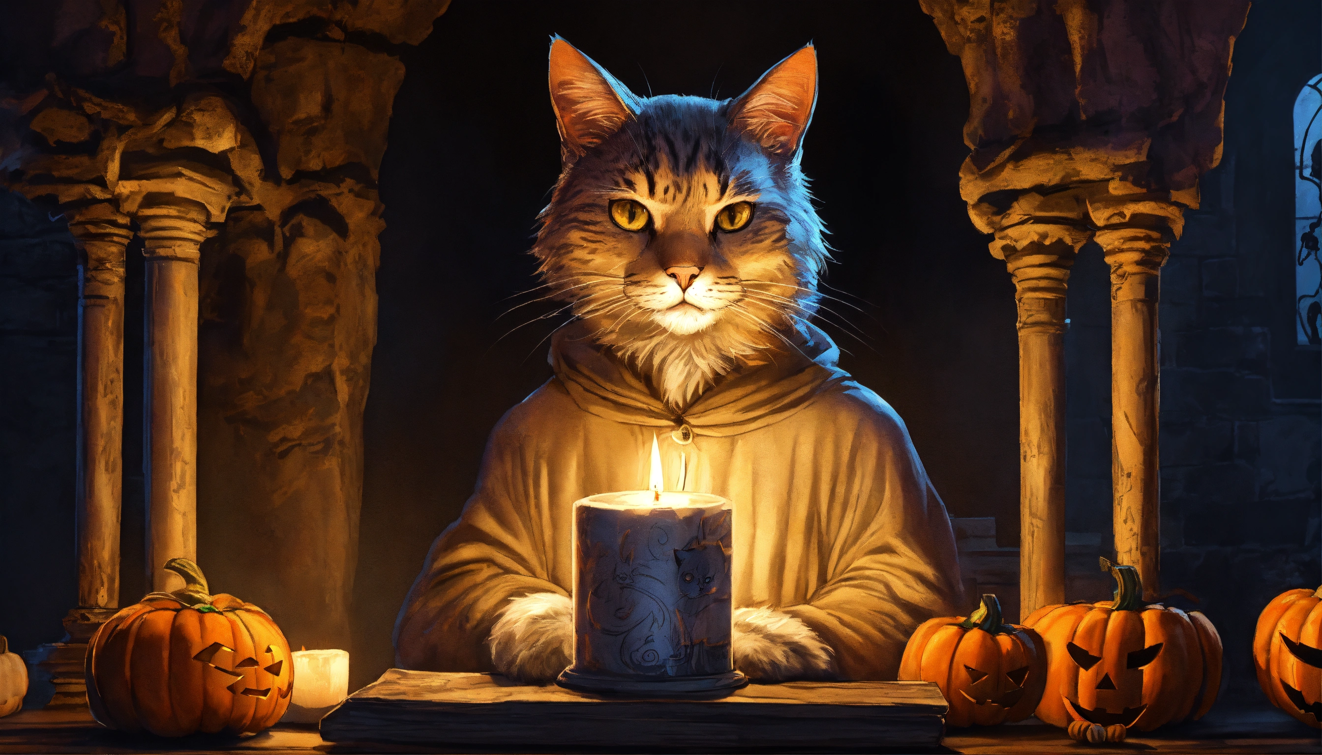 Lexica - An anthropomorphic cat holding a candle in his hands inside a ...