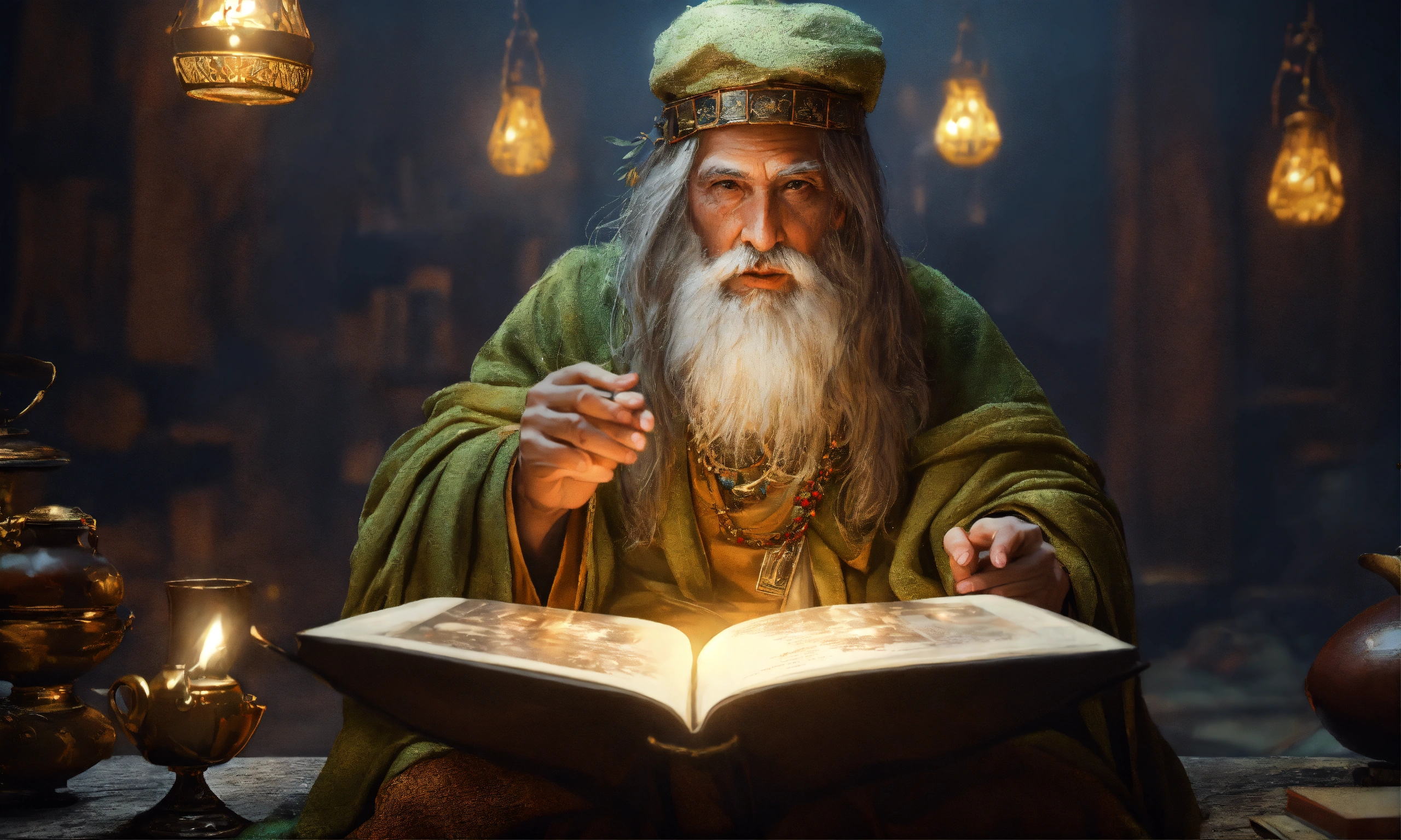 Lexica - Wise sage telling a story, book, smoky environment,facing the ...